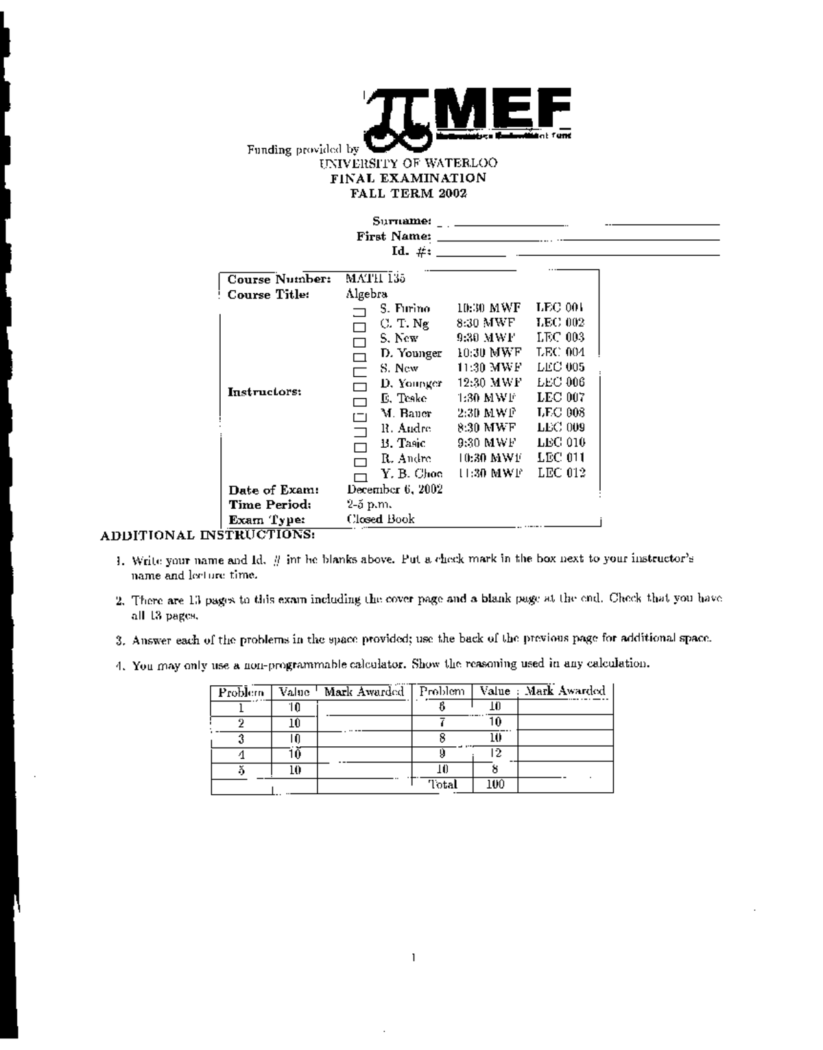 University of Waterloo Math135 Final Exam 2002 Fall - Math 135 - Studocu