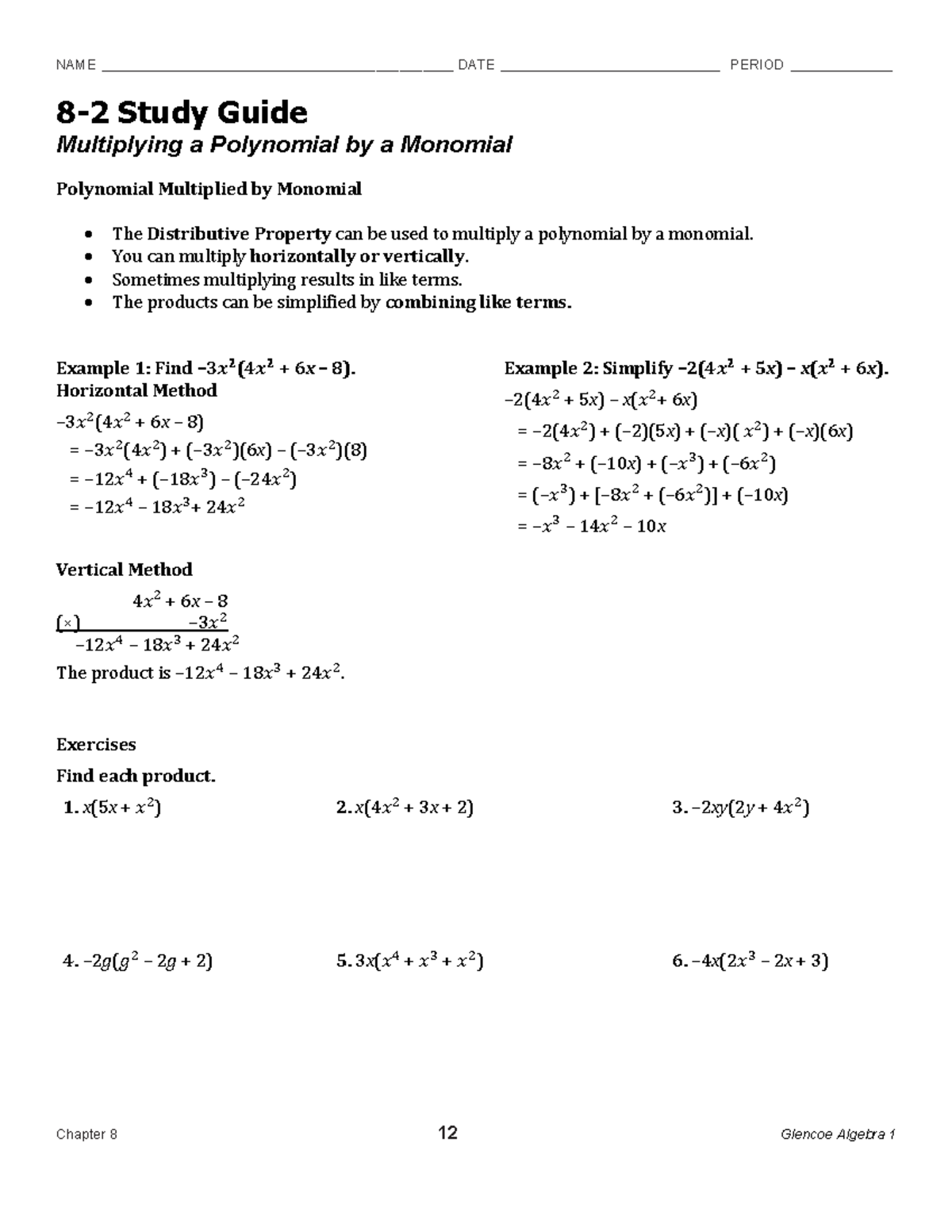 8.2 Study Guide Multiply Monomial by Polynomial - 8-2 Study Guide ...