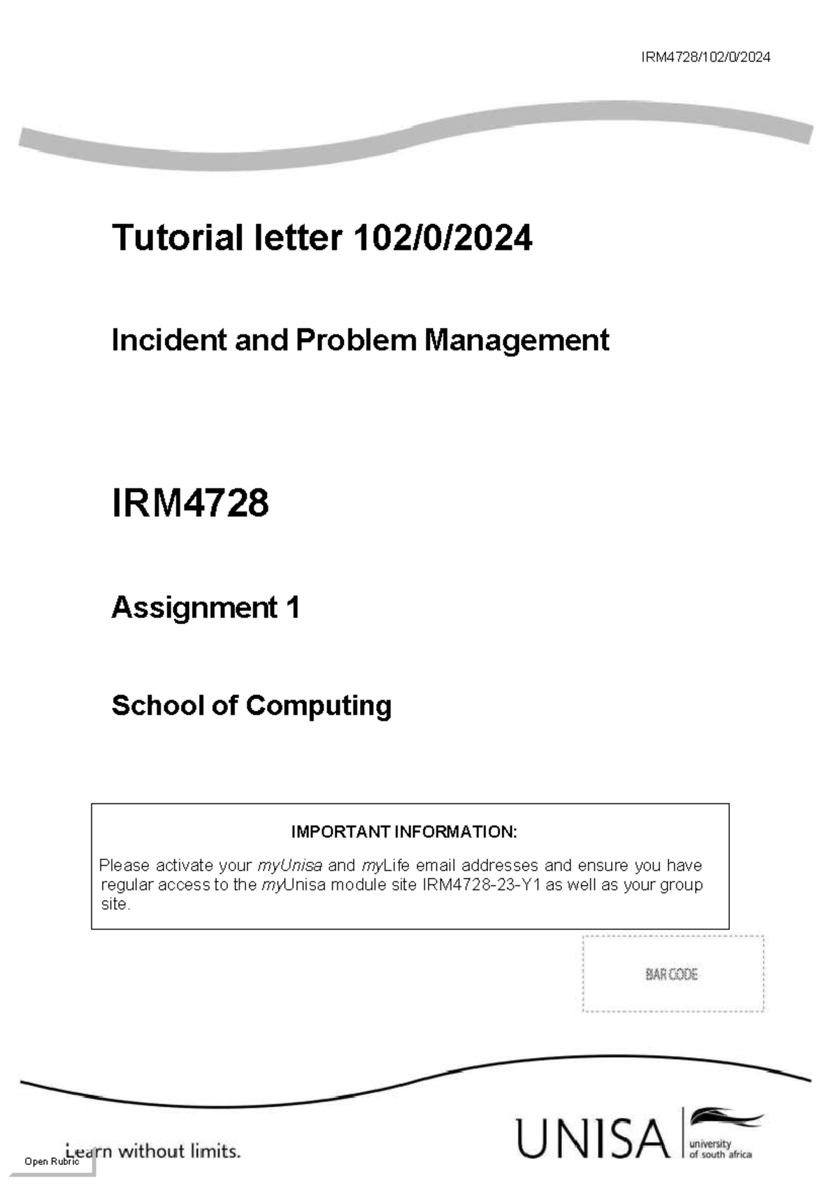 Assignment 1 - IMPORTANT INFORMATION: Please activate your myUnisa and ...