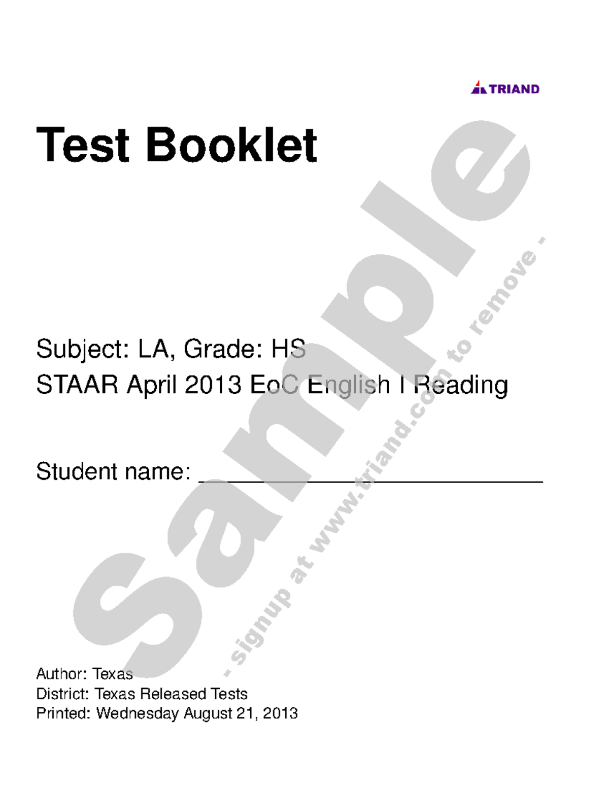 Testbooklet - practica english - Test Booklet Subject: LA, Grade: HS ...