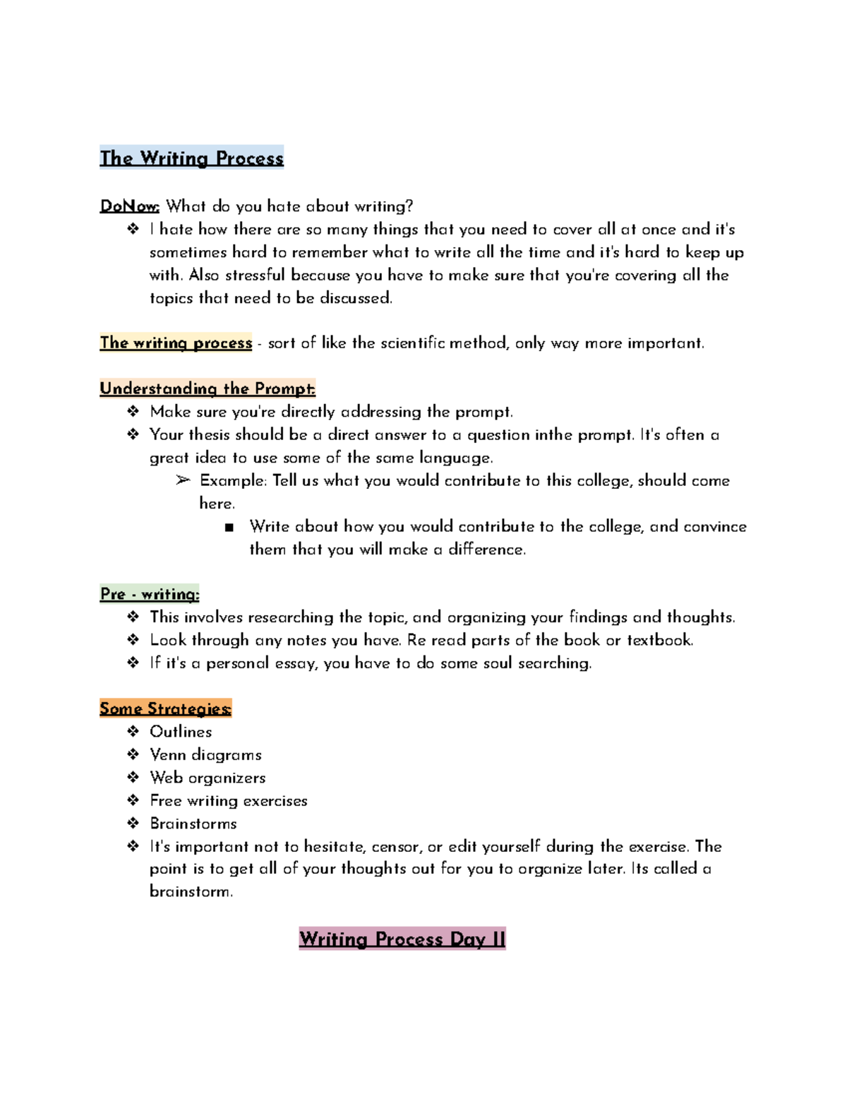 English Notes for class - The Writing Process DoNow: What do you hate ...