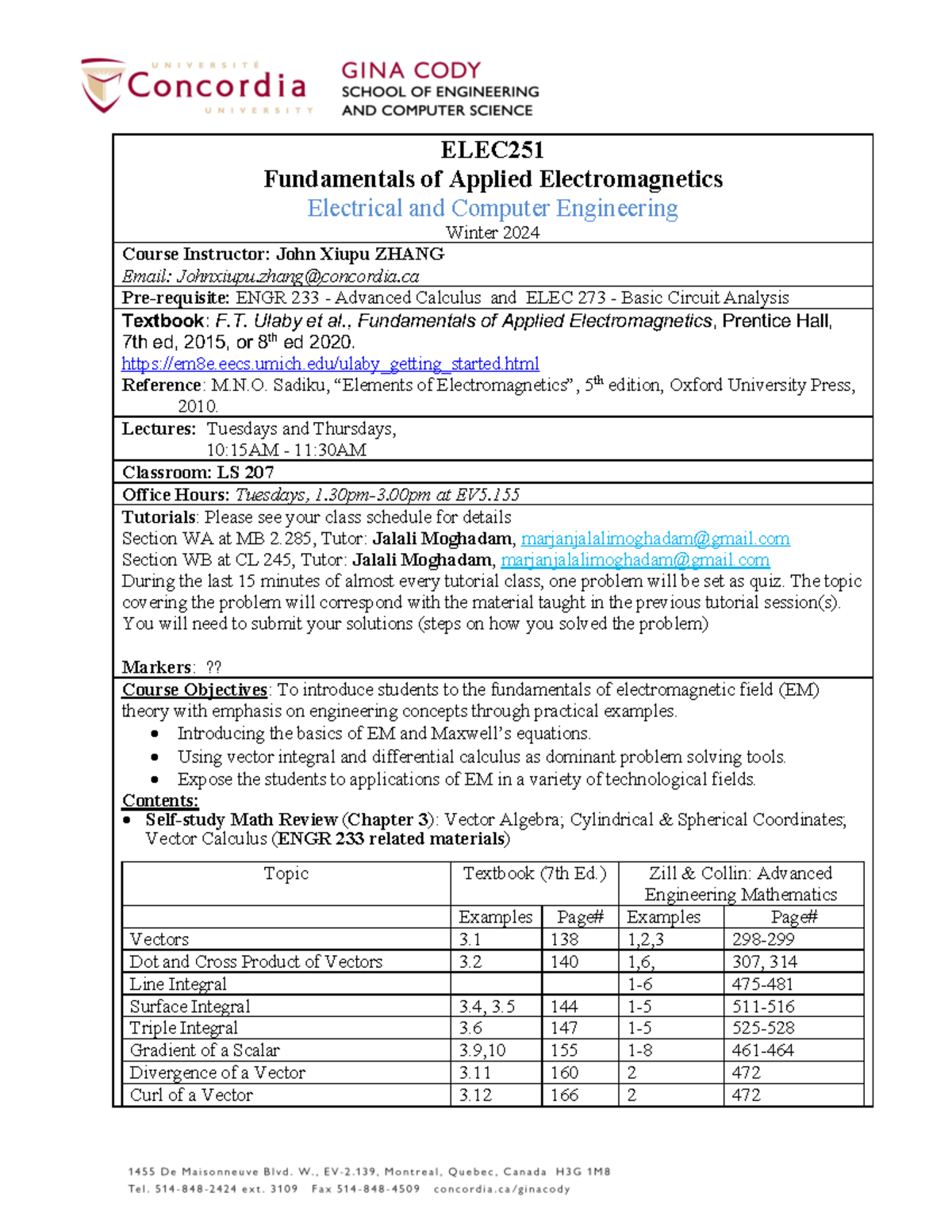 Course Outline - ELEC2 51 Fundamentals of Applied Electromagnetics Electrical and Computer - Studocu