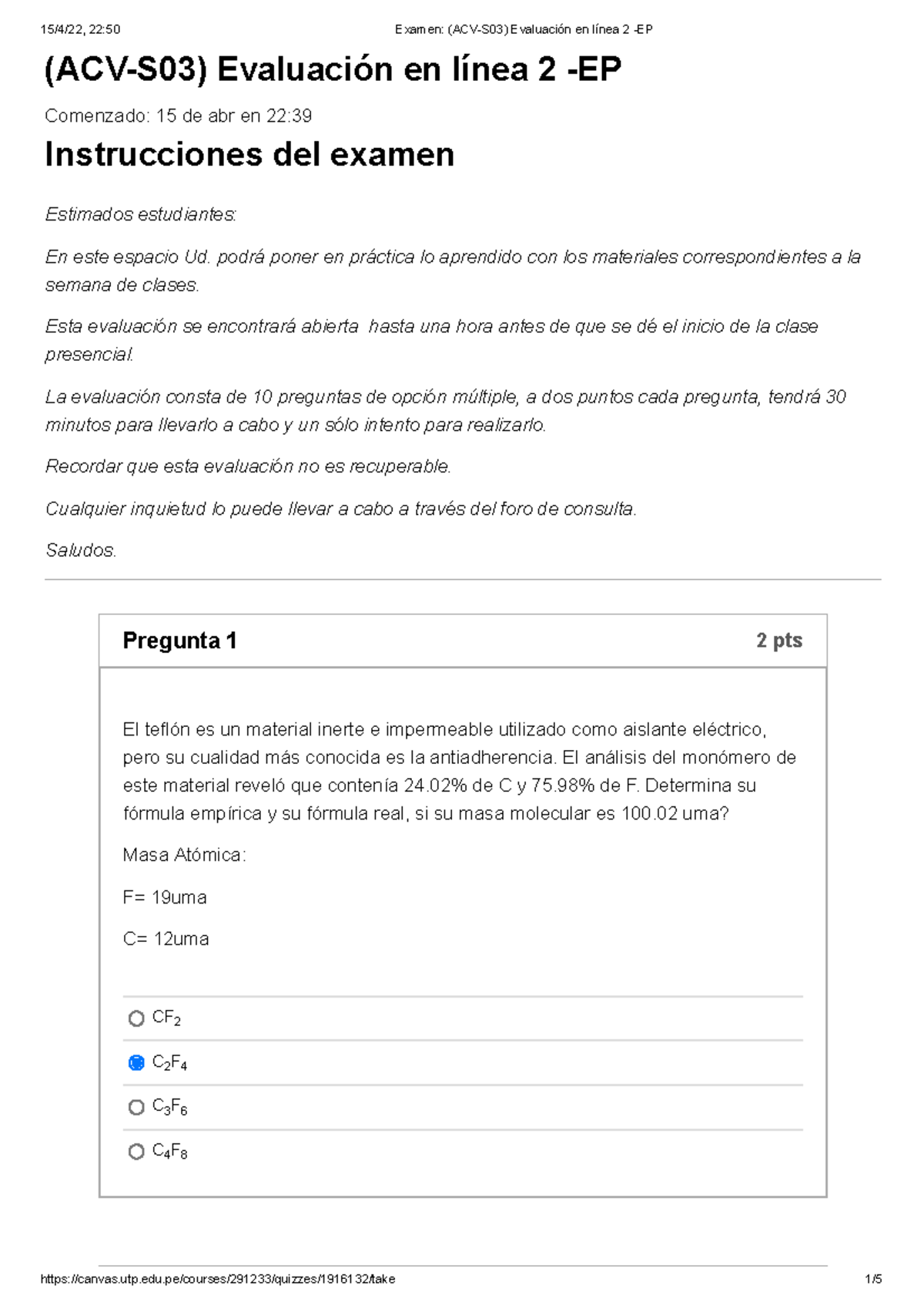 Examen (ACV-S03) Evaluación en línea 2 -EP - (ACV-S03) Evaluación en línea 2 -EP Comenzado: 15 ...