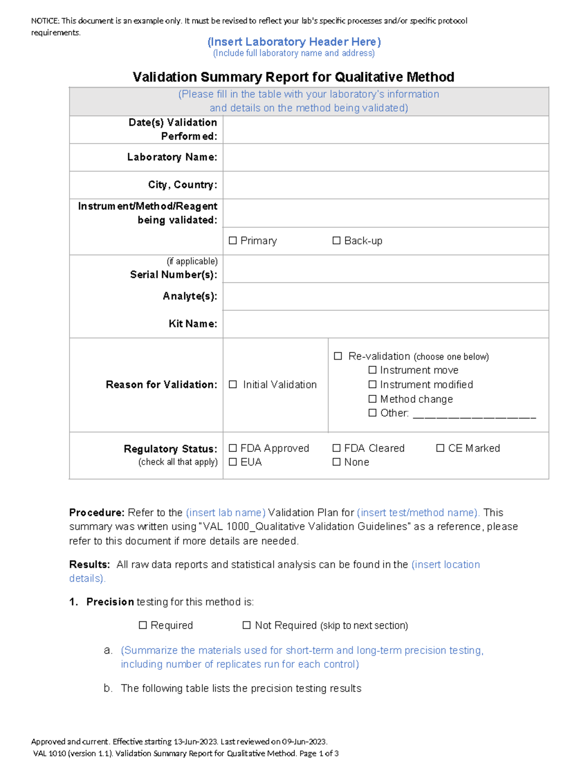 VAL 1010 Validation Summary Report for Qualitative Method - NOTICE ...