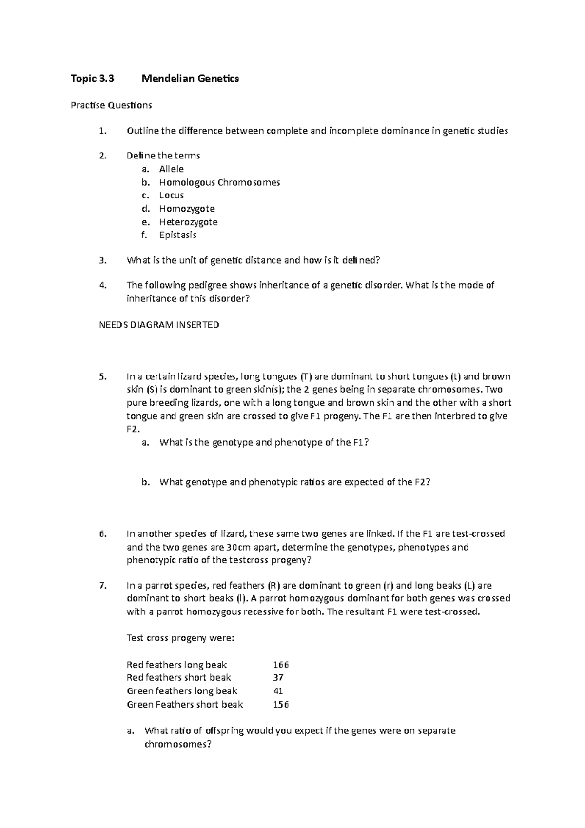 Sample/practice exam 2017, questions - Topic 3 Mendelian Genetics ...