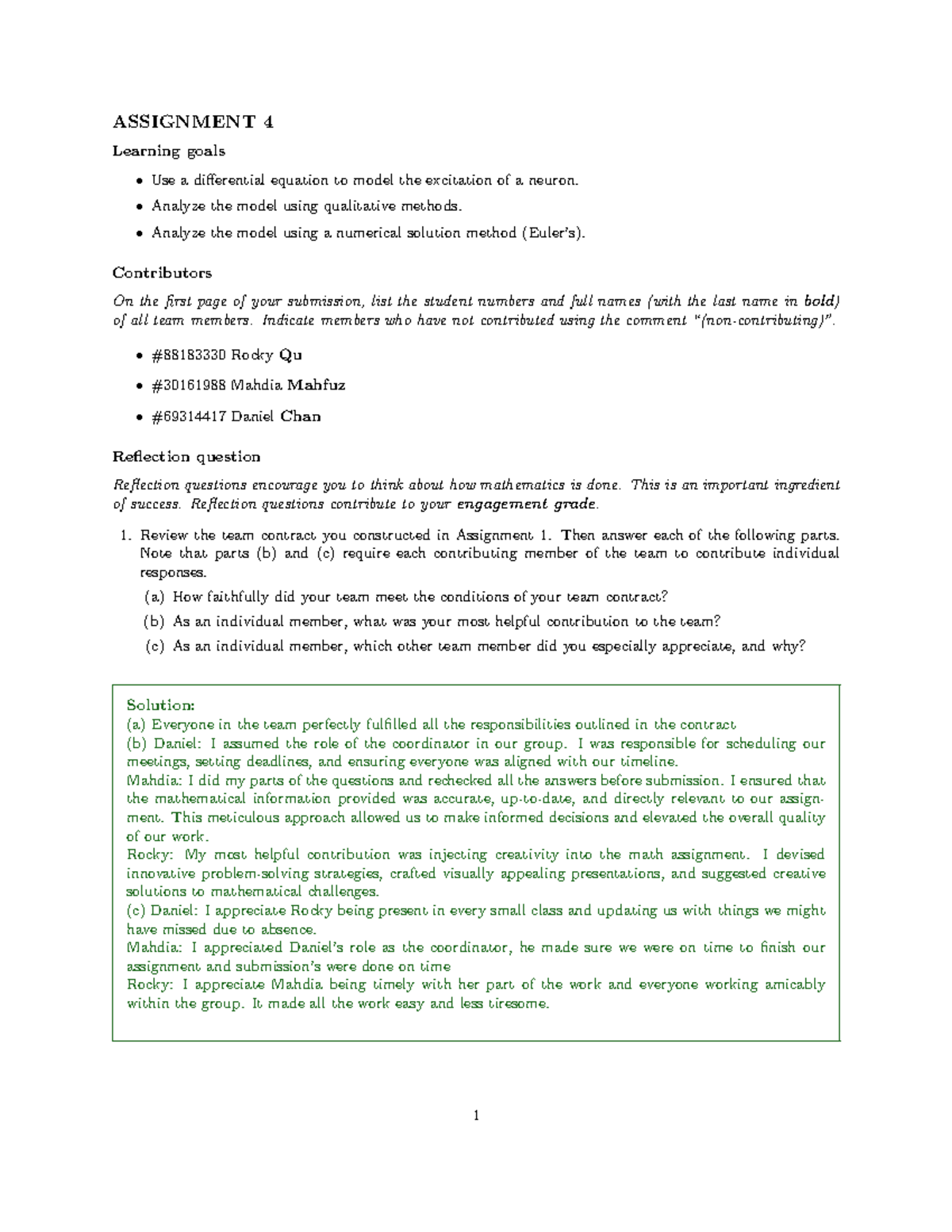 MATH100 A4 B - assignment 4 - ASSIGNMENT 4 Learning goals Use a differential equation to model ...