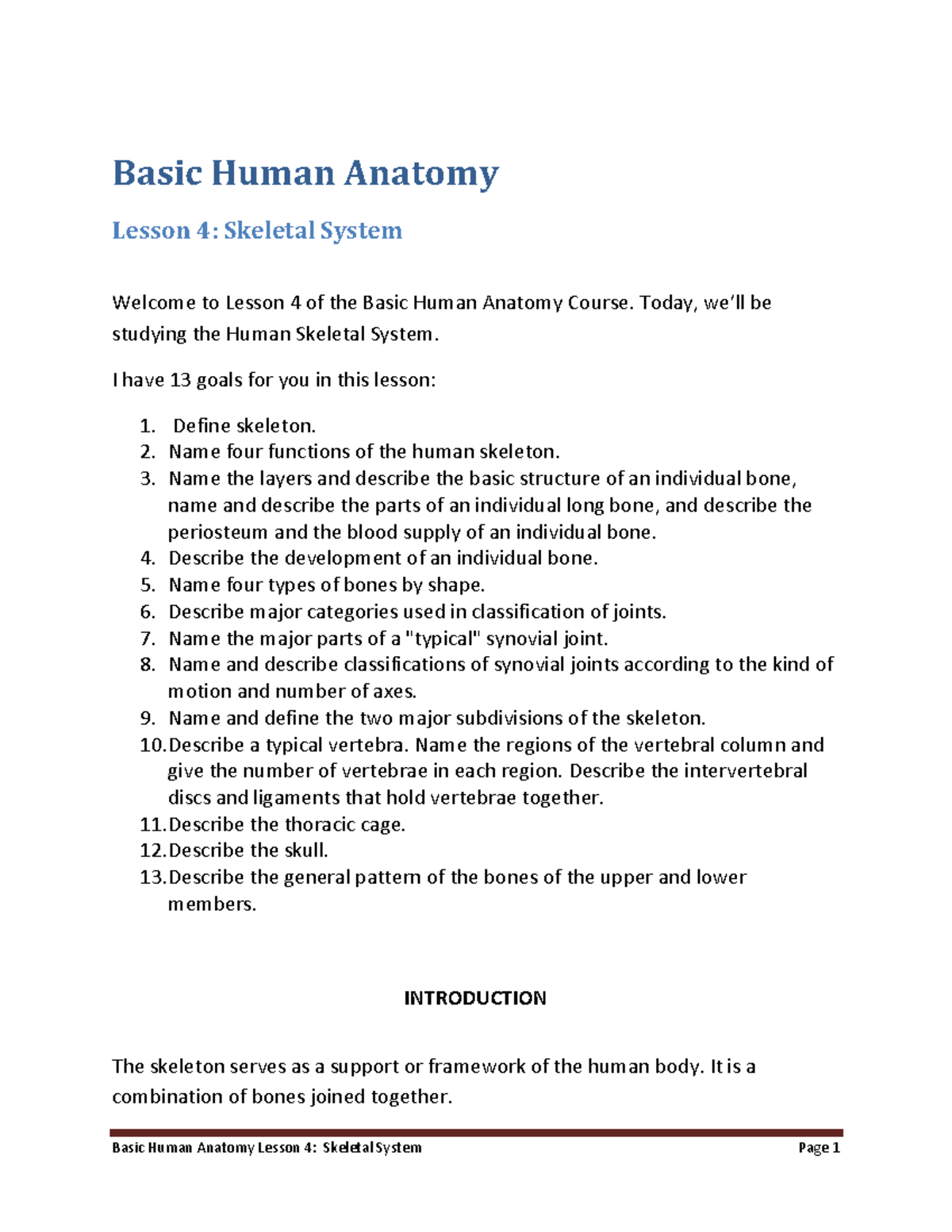 Anatomy 4 Lecture Notes - Basic Human Anatomy Lesson 4: Skeletal System ...