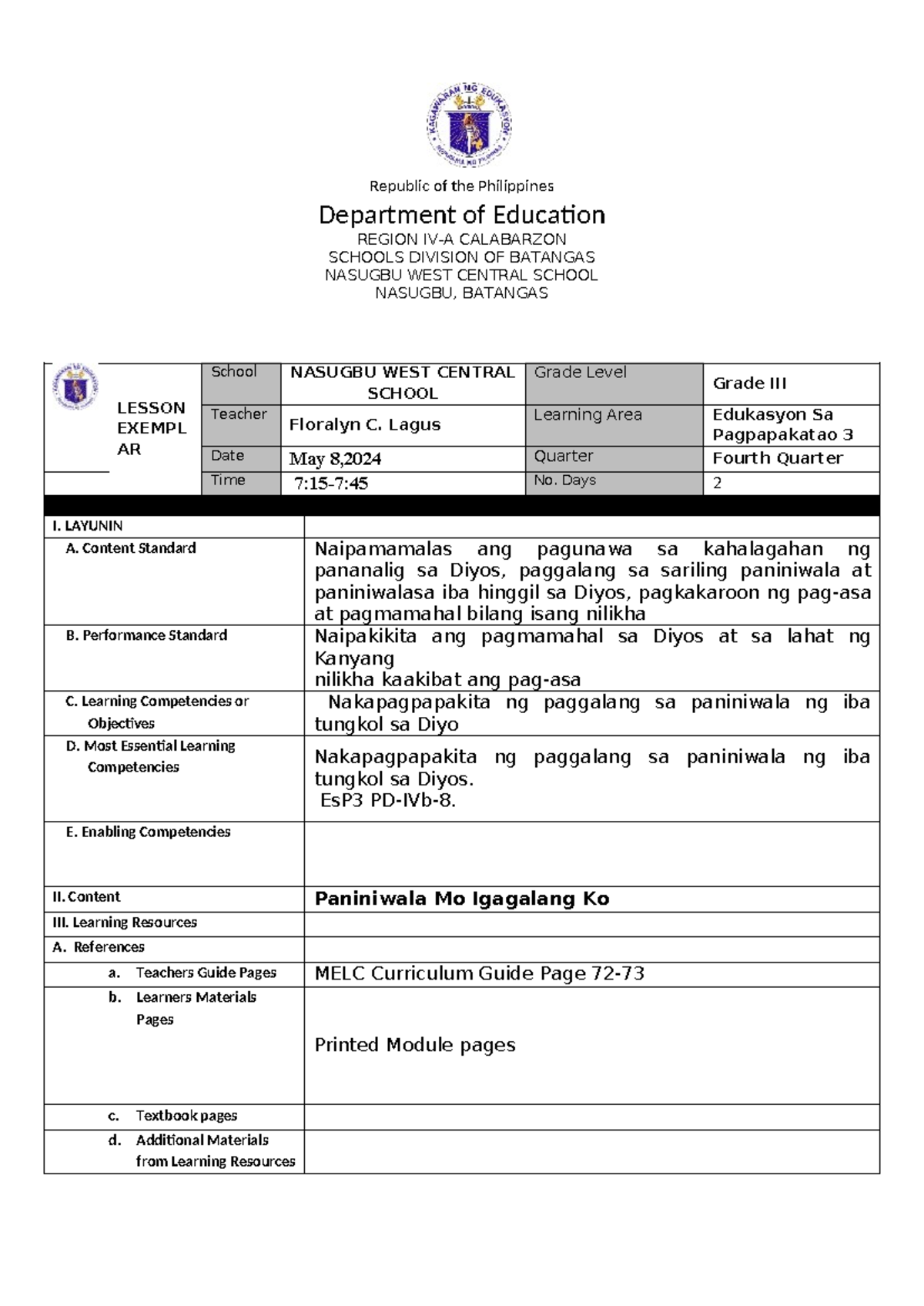 COT 2 ESP 2024 - Lesson PLan - Republic of the Philippines Department ...