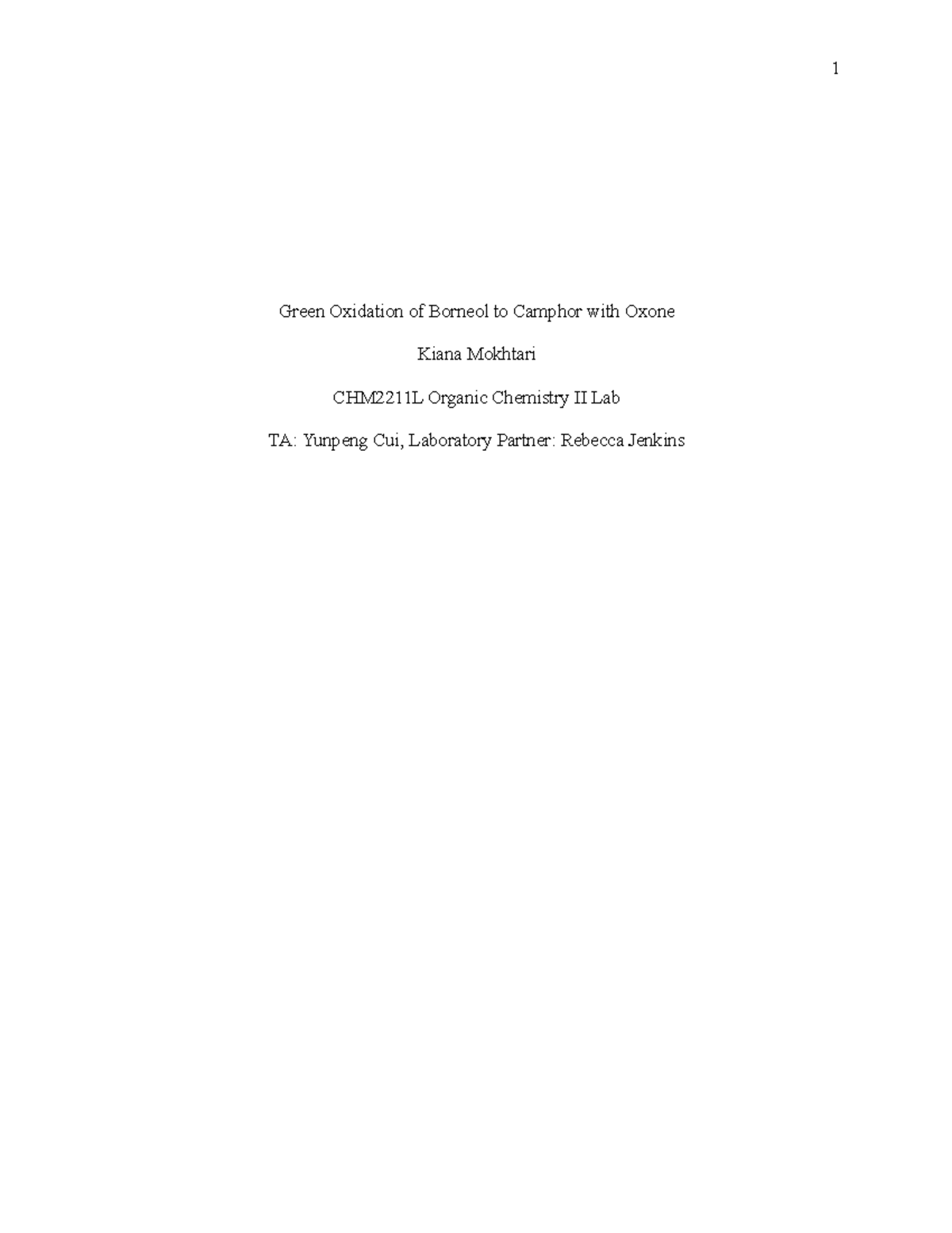 Green Oxidation of Borneol to Camphor with Oxone - Therefore, oxidation ...