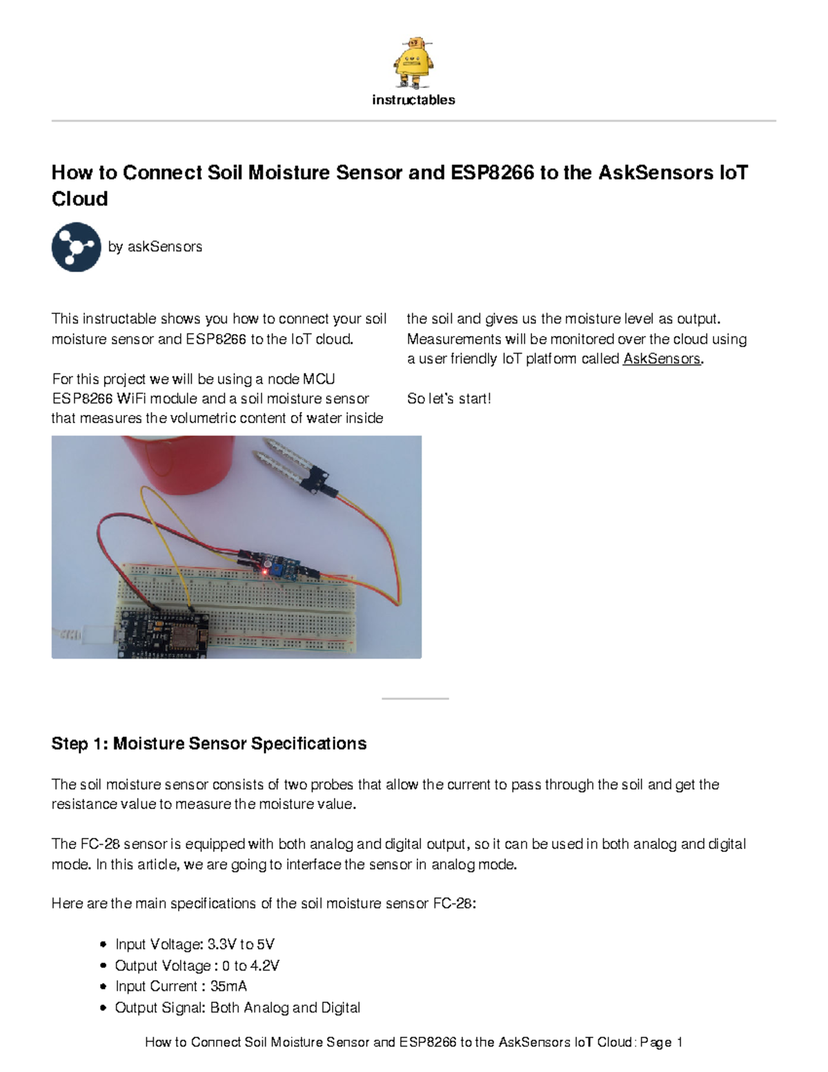 How to Connect Soil Moisture Sensor and ESP8266 - For this project we will be using a node MCU ...