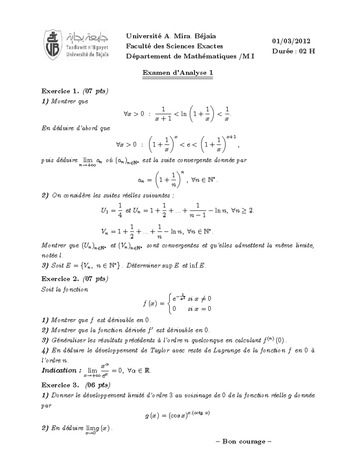 Contrôle Analyse1 - Universit e A: Mira: B ejaia Facult e des Sciences ...