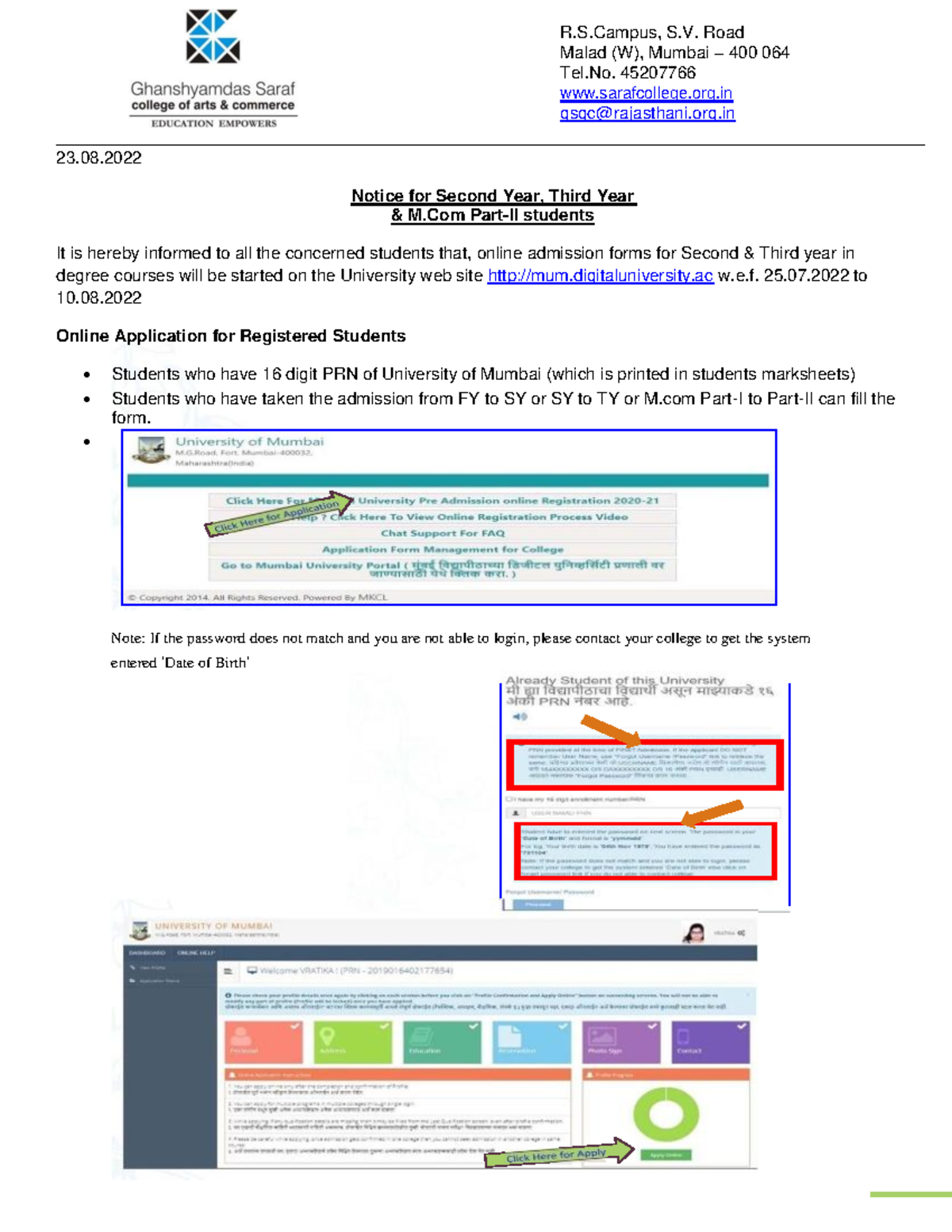 Notice 2022-23 - lecture - 23. R.S, S. Road Malad (W), Mumbai – 400 064 Tel. 45207766 - Studocu