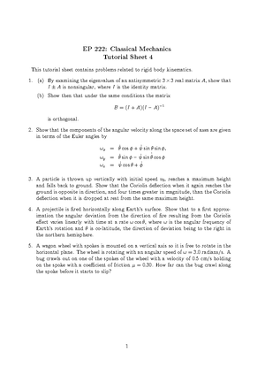 Cm ts 1 - Tutorial sheet shared by professor - EP 222: Classical Mechanics Tutorial Sheet 1 This ...