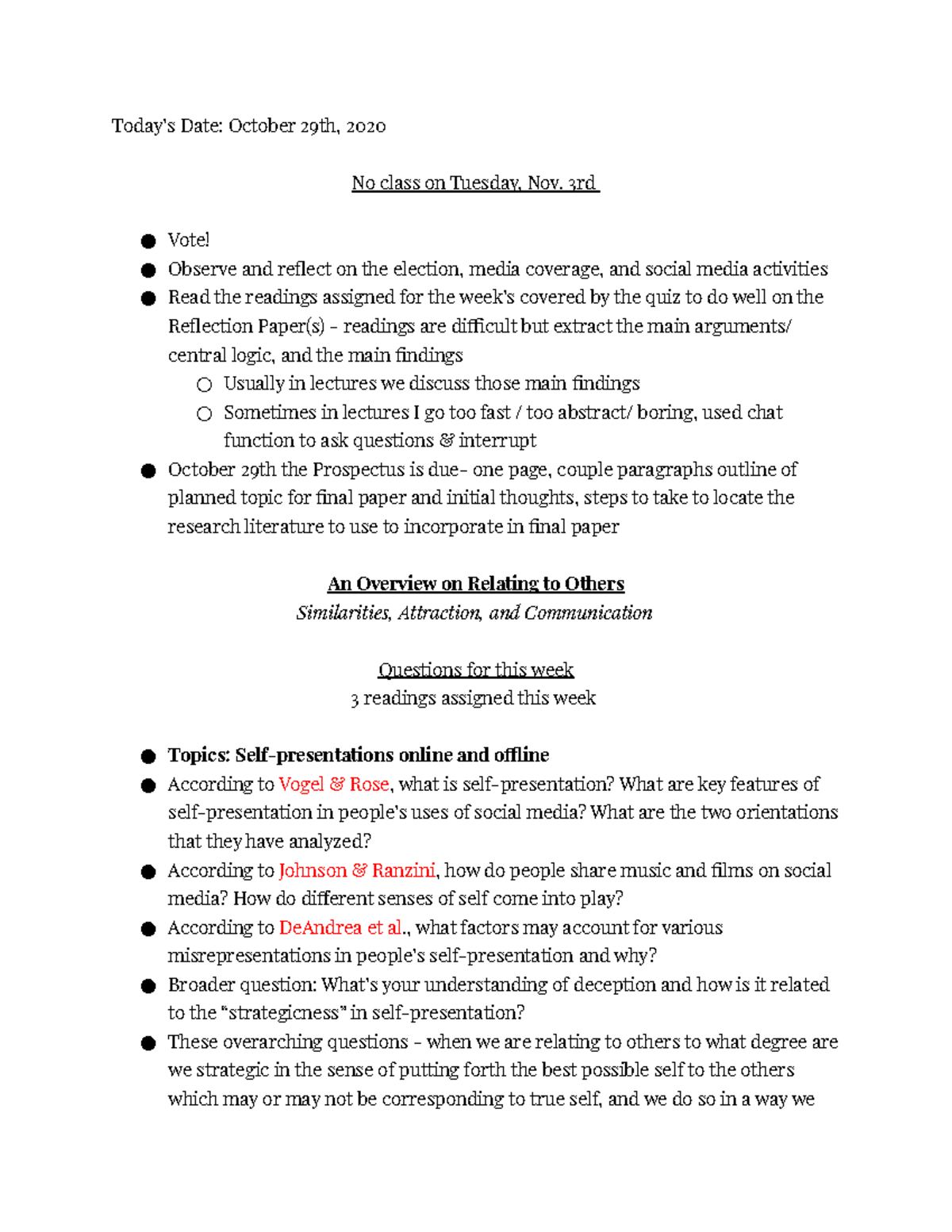 Lecture 15 - Professor Pan - Today’s Date: October 29th, 2020 No class ...