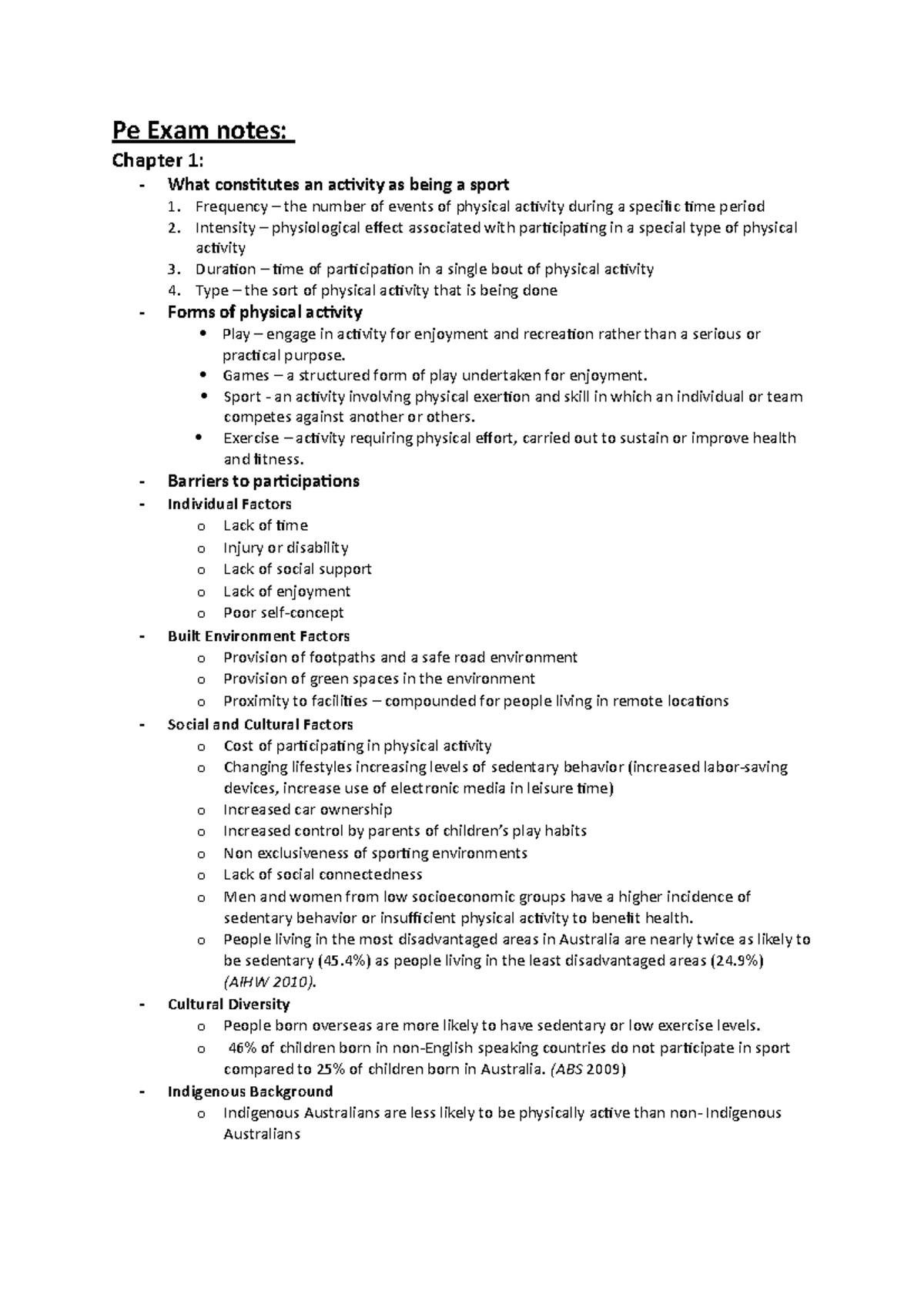 Exam revision - vce pe notes - Pe Exam notes: Chapter 1: - What ...
