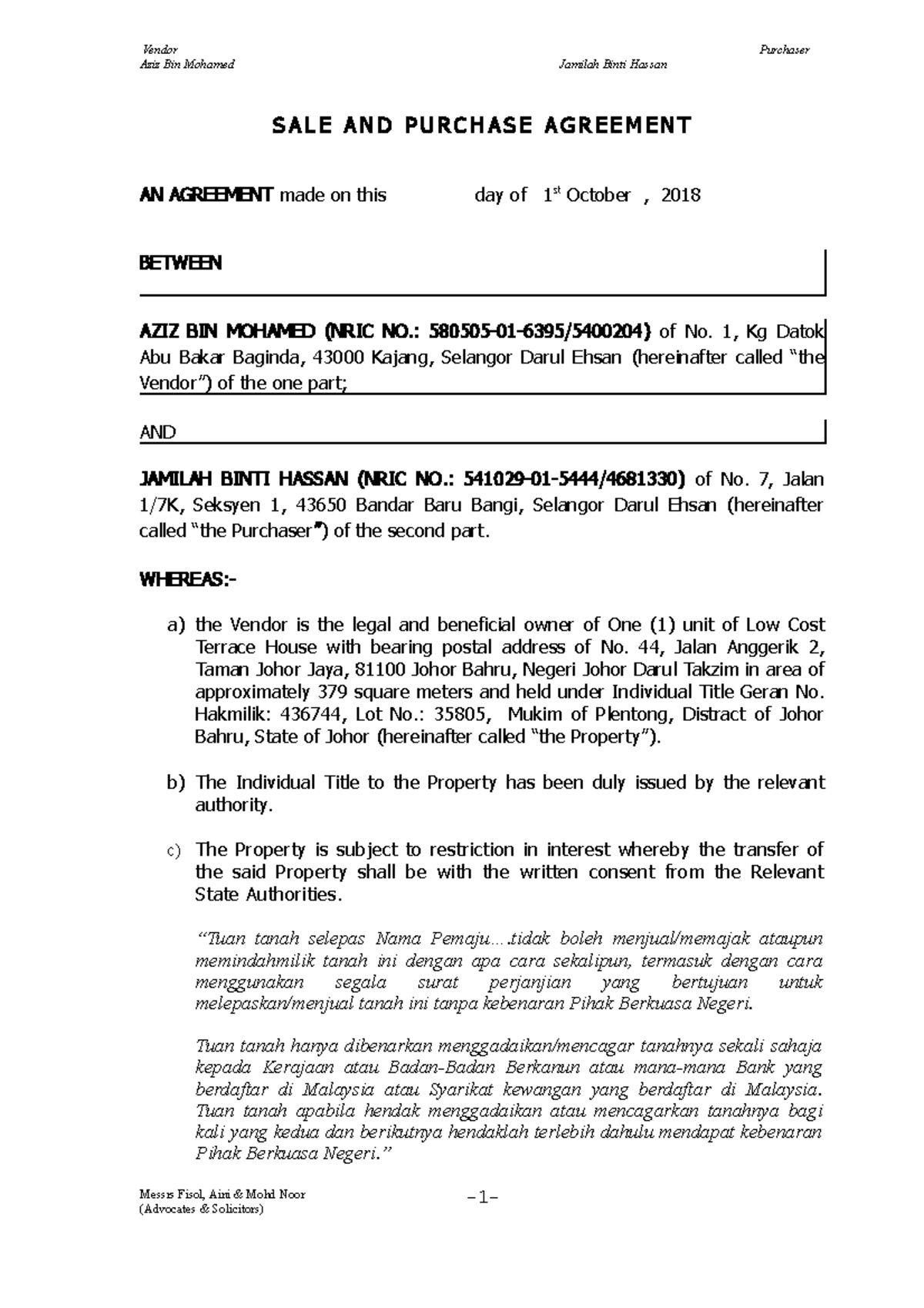SPA Example 1 - goodluck - Aziz Bin Mohamed Jamilah Binti Hassan SALE ...