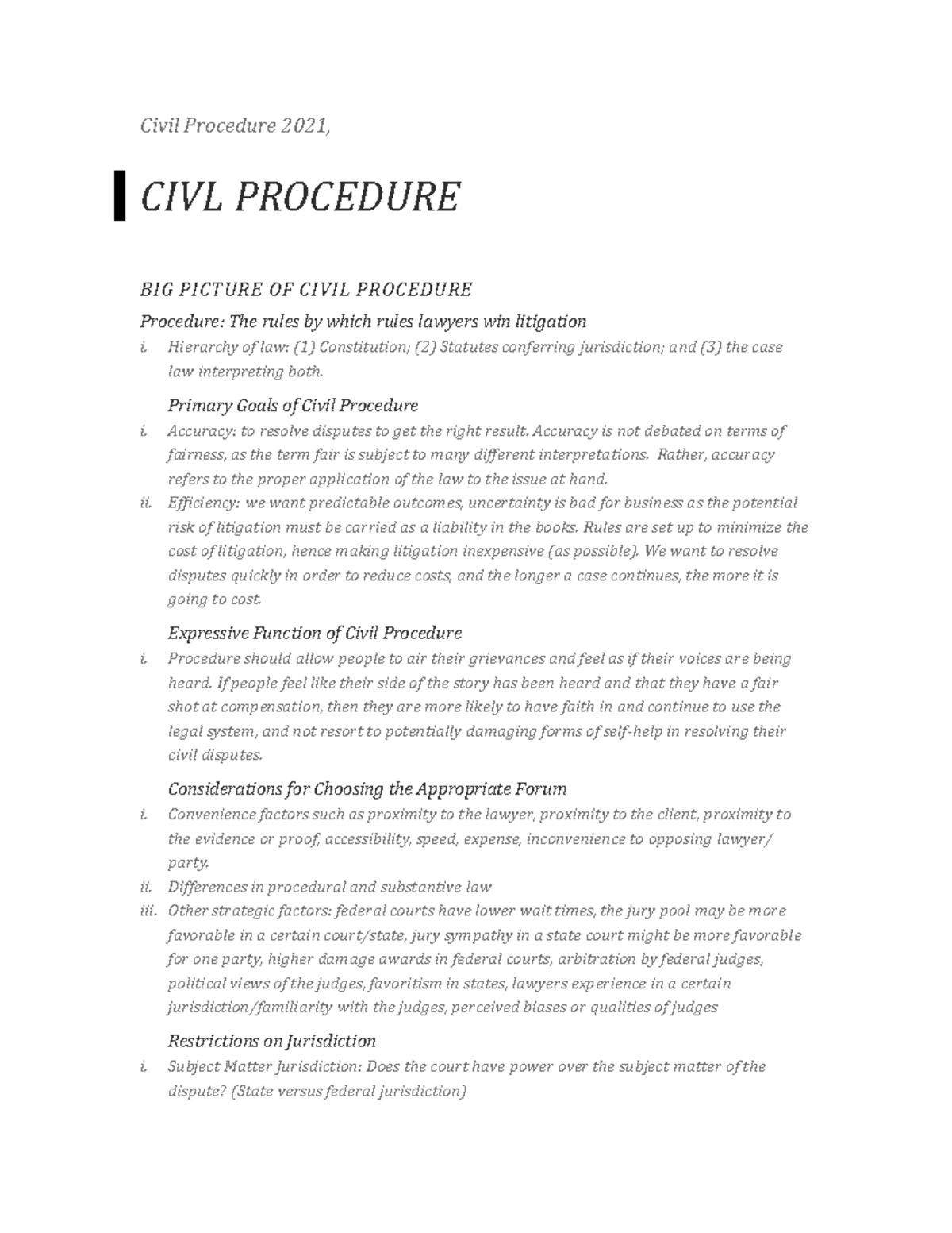 Civil Procedure Outline - Civil Procedure 2021, CIVL PROCEDURE BIG ...