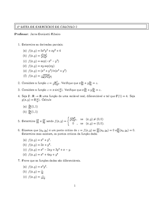 Lista de exercícios 5 - Calculo II - 5 LISTA DE EXERC ́ICIOS DE CALCULO ...