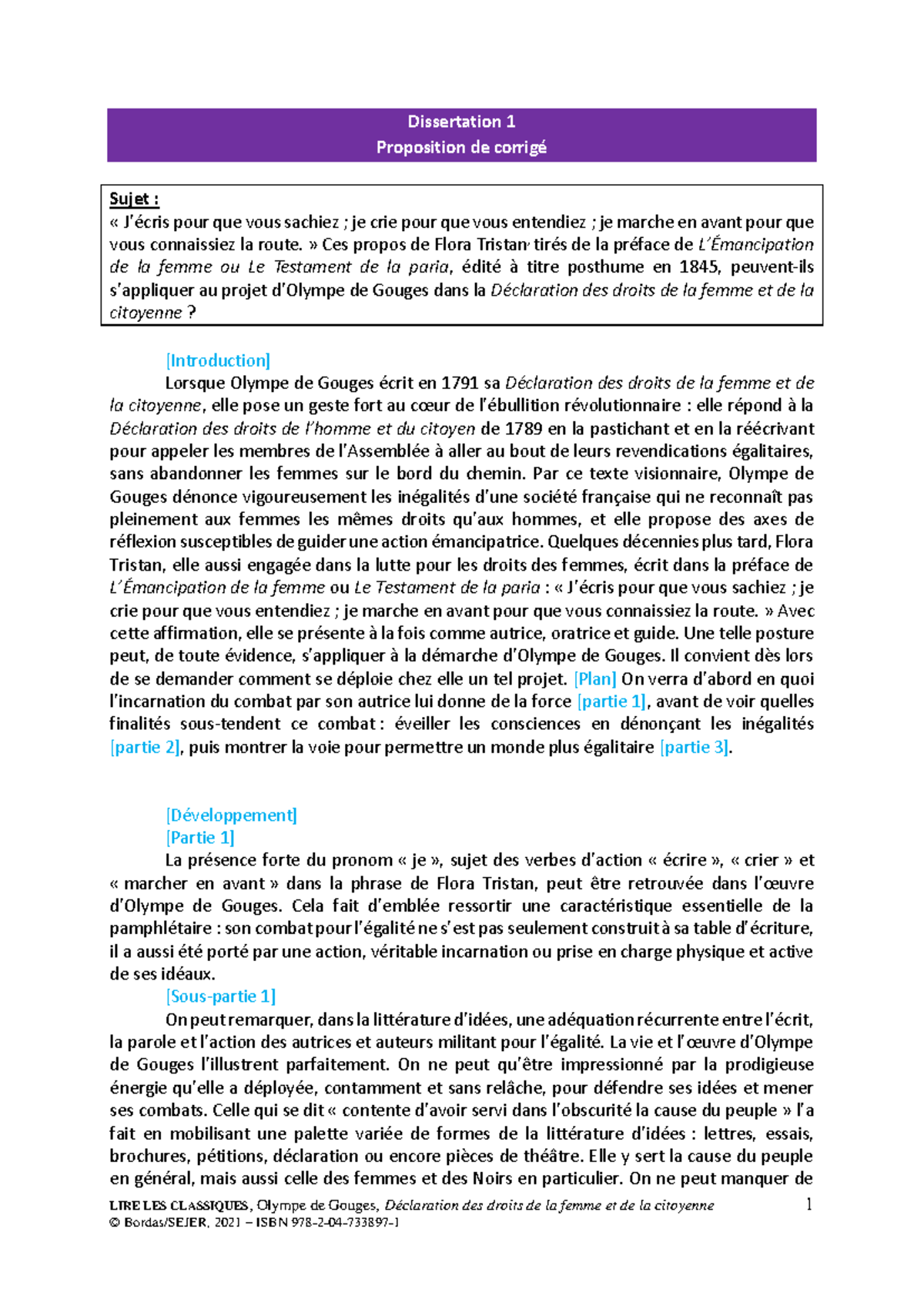 Dissert entrainement 3 Corrige - LIRE LES CLASSIQUES, Olympe de Gouges ...