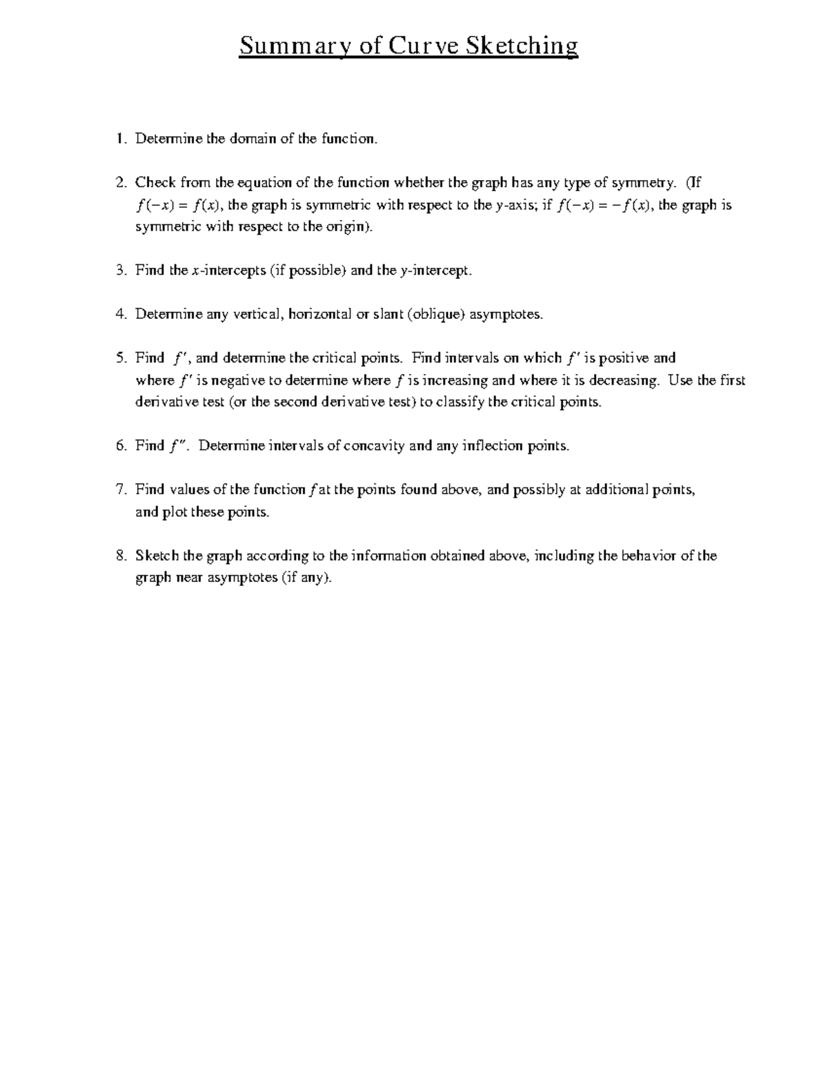 Curve Sketching Notes Summary Of Curve Sketching Determine The Domain Of The Function Check