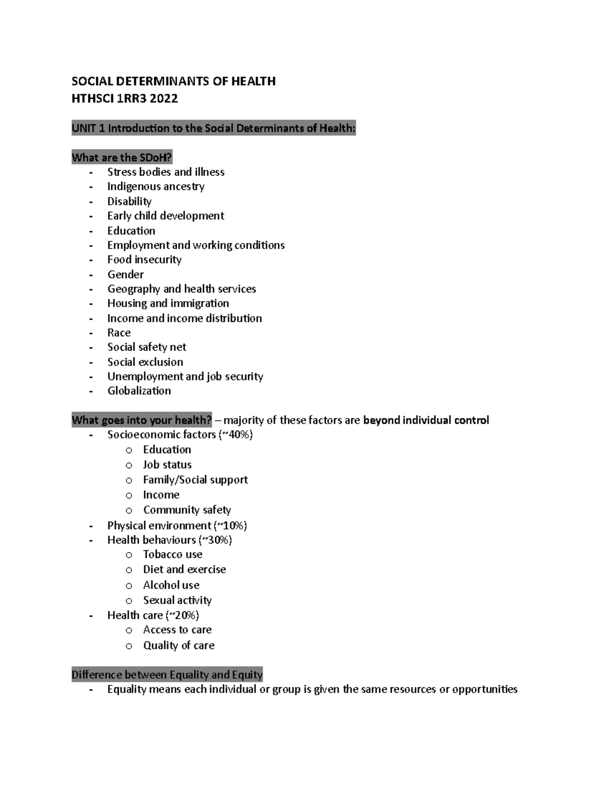 1rr3 Lecture Notes Unit 1 3 Social Determinants Of Health Hthsci 1rr3 2022 Unit 1 Introduction