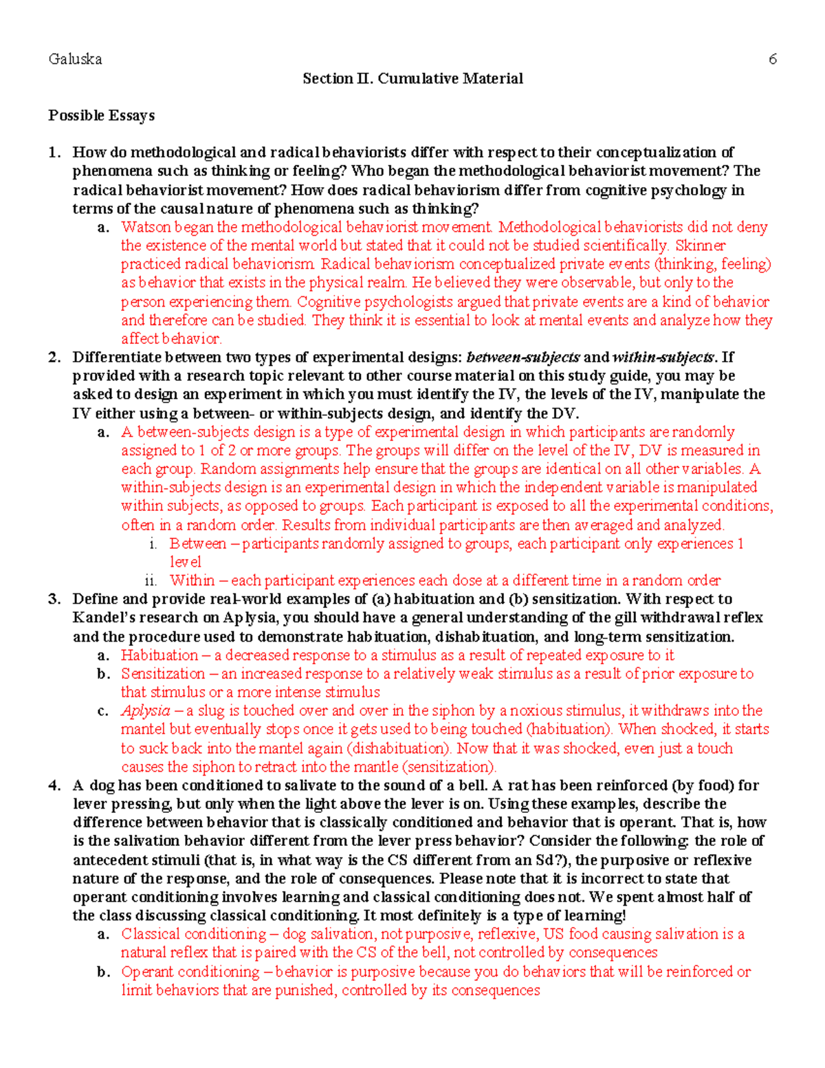 PSYC 213 Study Guide for Final Examination S23 (6) - Galuska 6 Section II. Cumulative Material ...