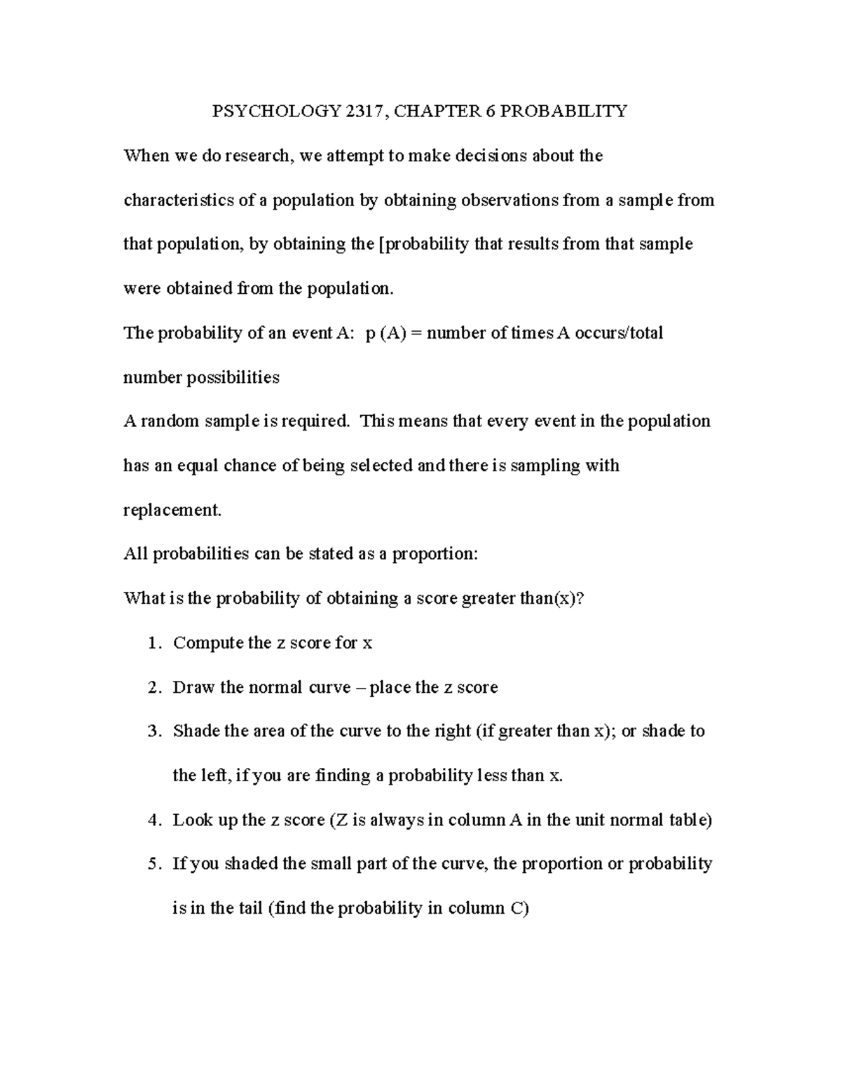 Psychology 2317- Chapter 6-probability - PSYCHOLOGY 2317, CHAPTER 6 ...