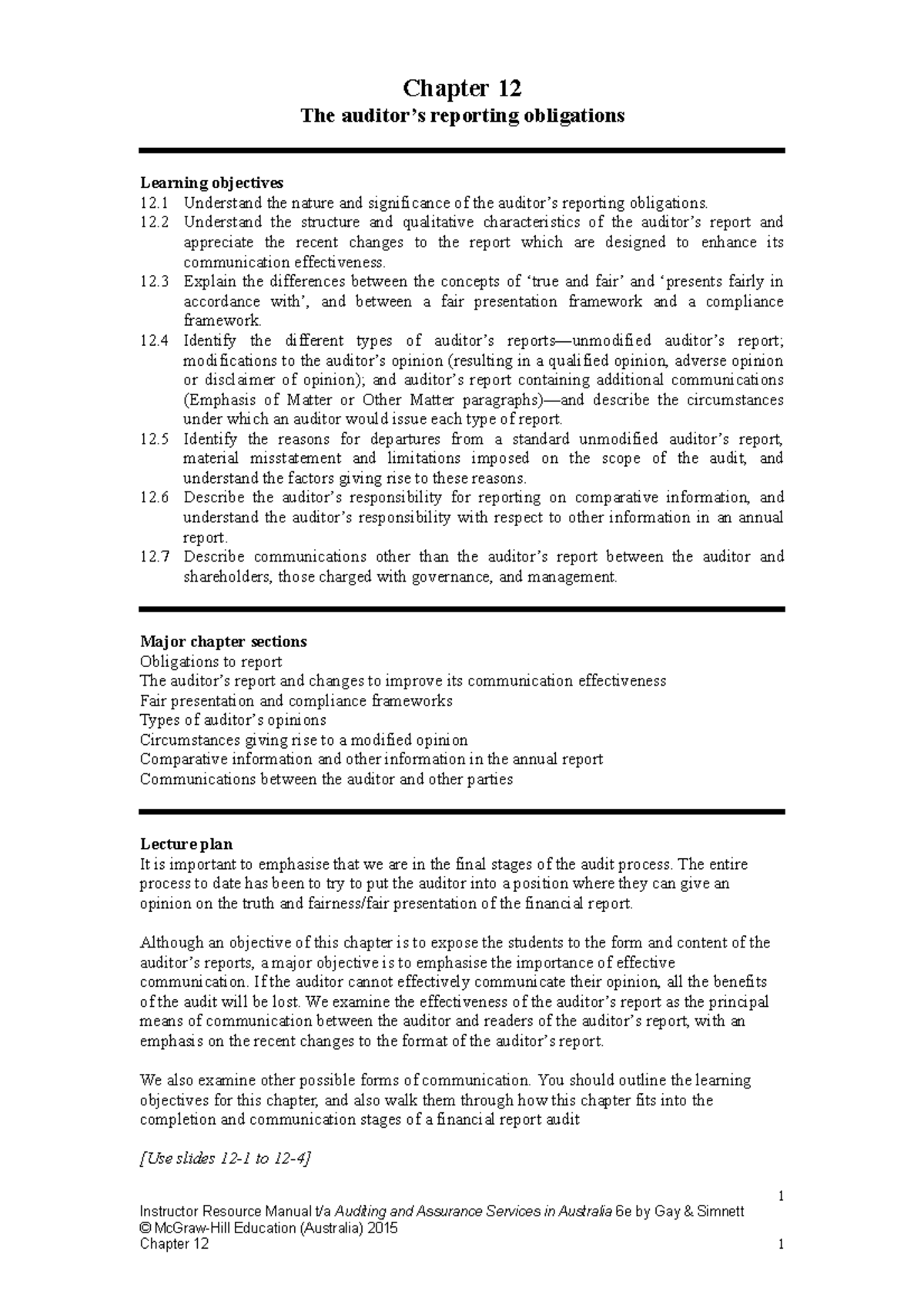 Gay6e IRM Ch12 - audit - Chapter 12 The reporting obligations Learning objectives 12 Understand ...