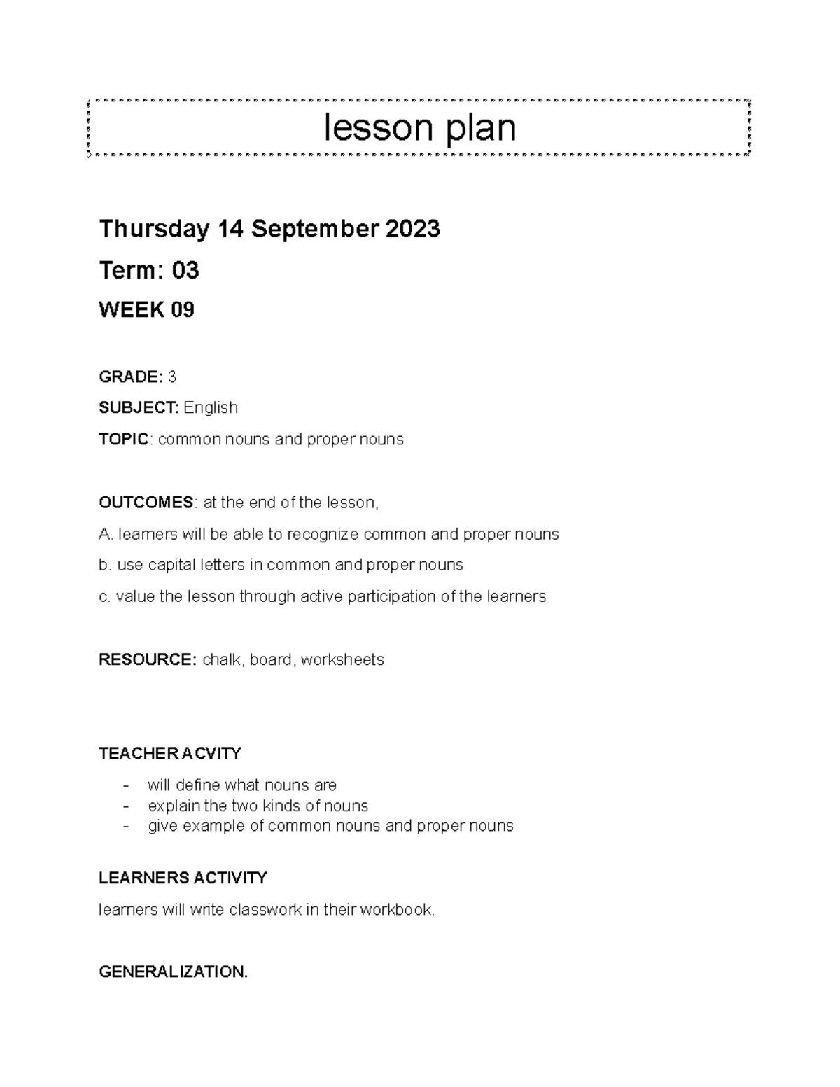 Lesson plan grade 3 - lesson plan Thursday 14 September 2023 Term: 03 ...