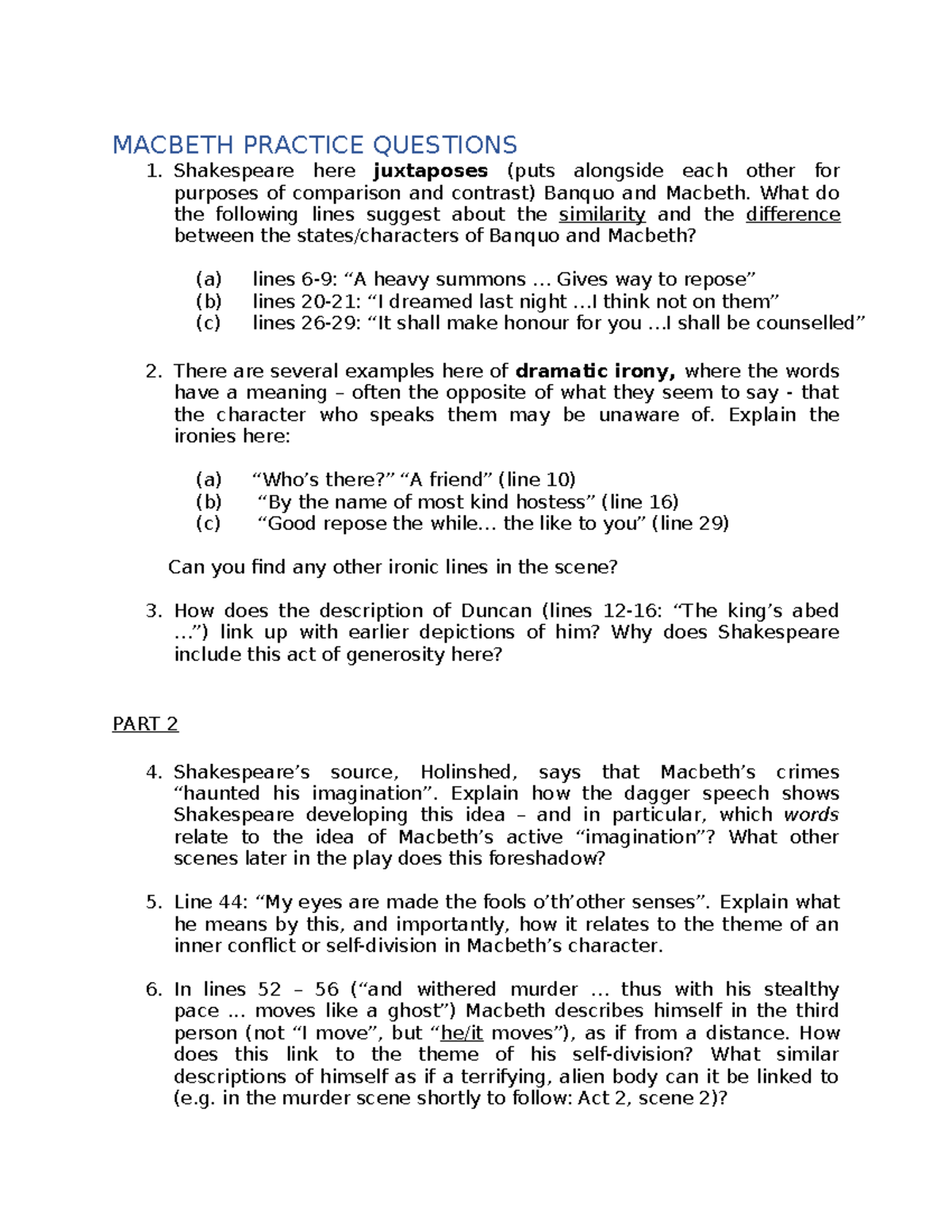 ENG 110 Macbeth - MACBETH PRACTICE QUESTIONS Shakespeare here ...