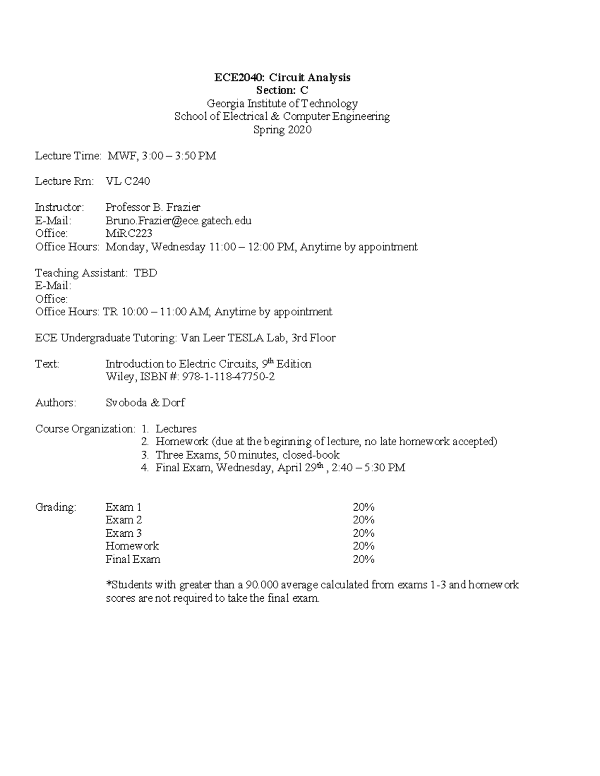 ECE2040 Syllabus Spring 20 - ECE2040: Circuit Analysis Section: C ...