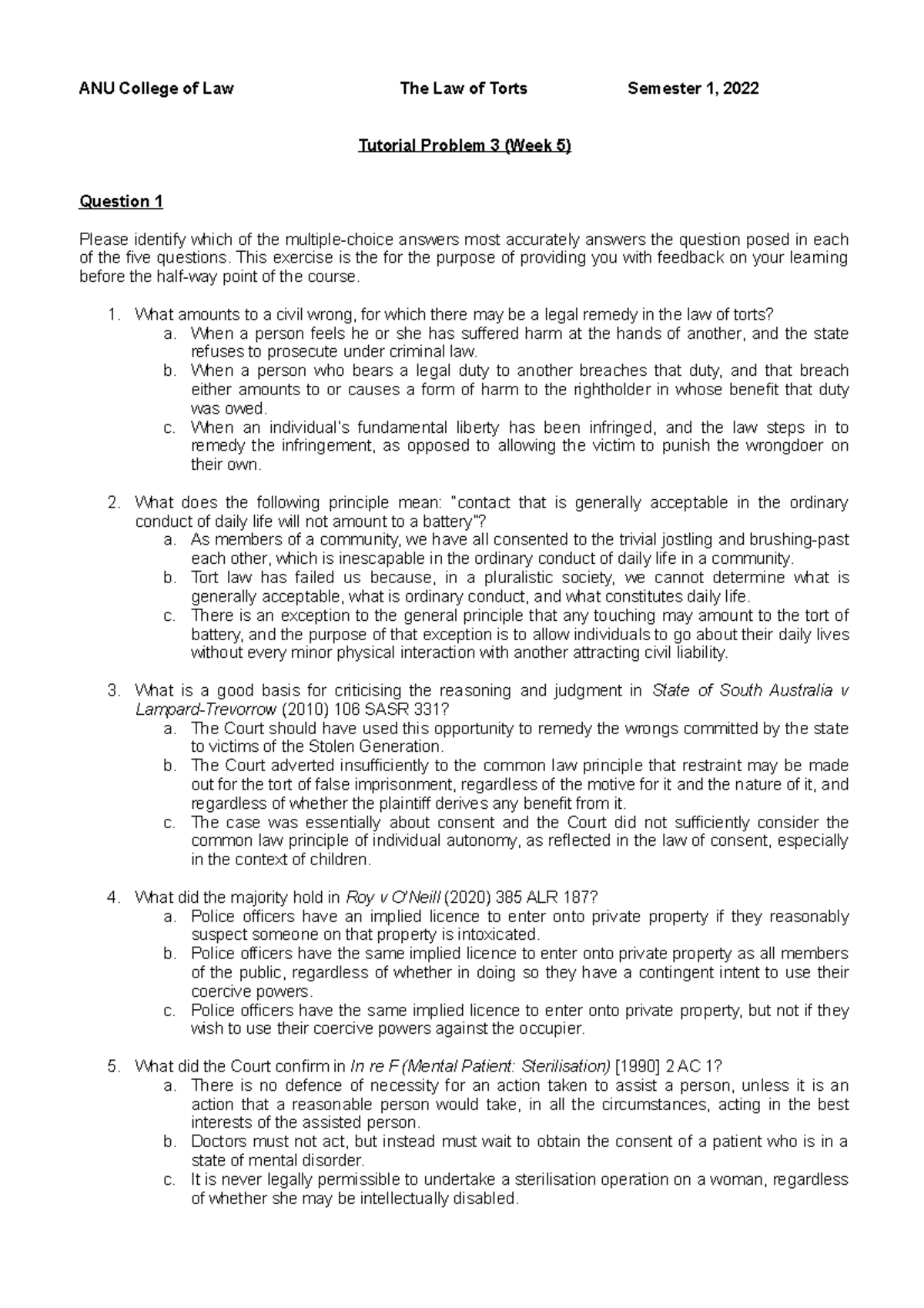 2022 Torts Tutorial 3 (Week 5) - ANU College of Law The Law of Torts ... 2022 Torts Tutorial 3 (Week 5) - ANU College of Law The Law of Torts ...
