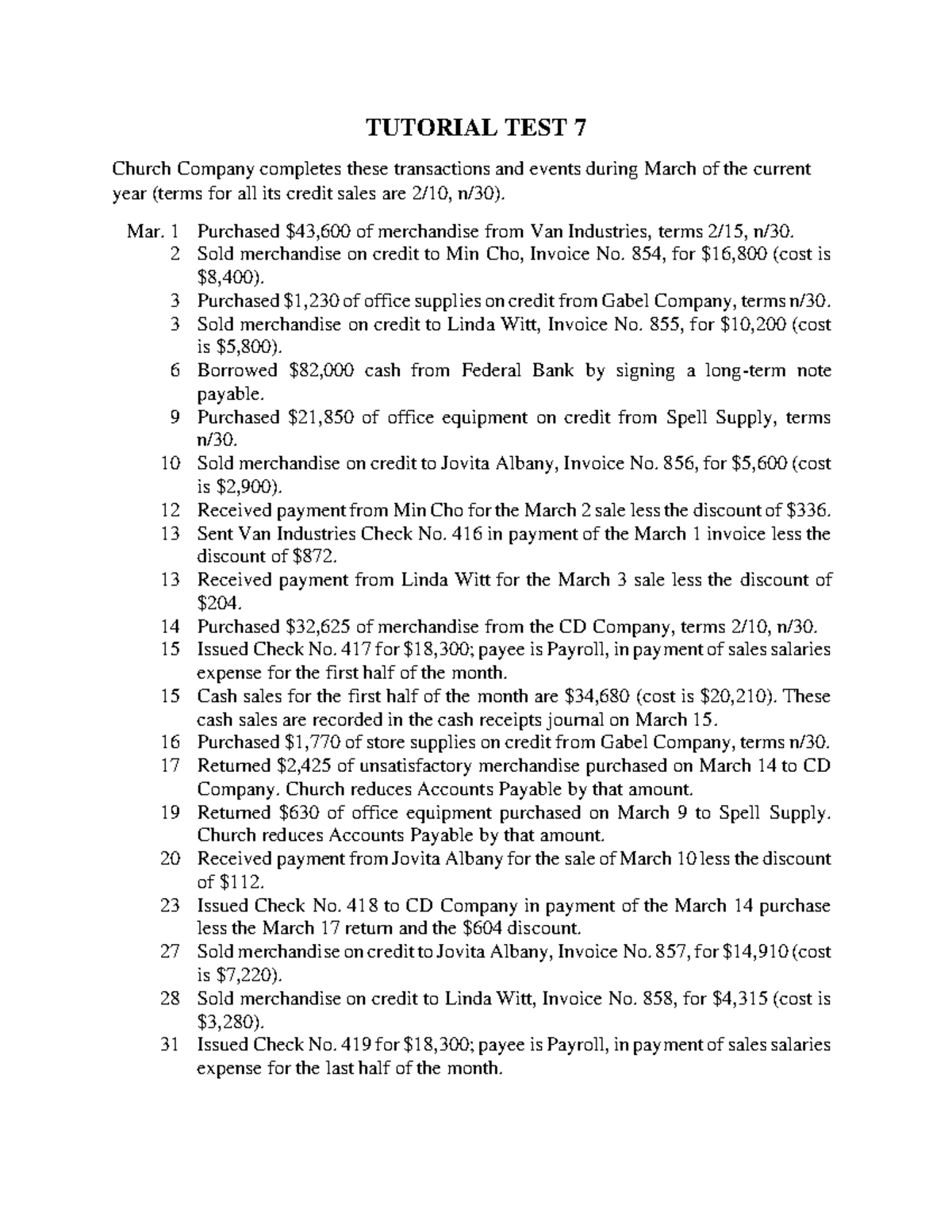 Tutorial TEST 7 - good - TUTORIAL TEST 7 Church Company completes these ...