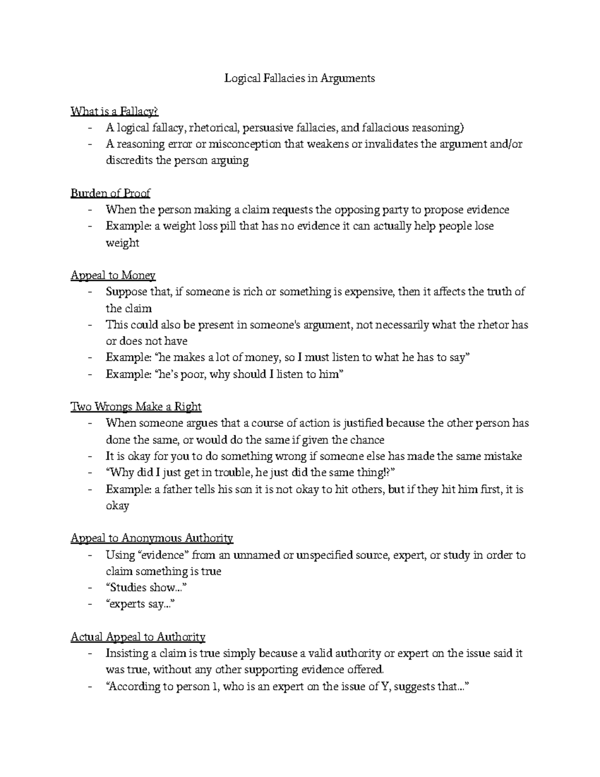 Logical Fallacies in Arguments - ..” - “experts say...” Actual Appeal ...