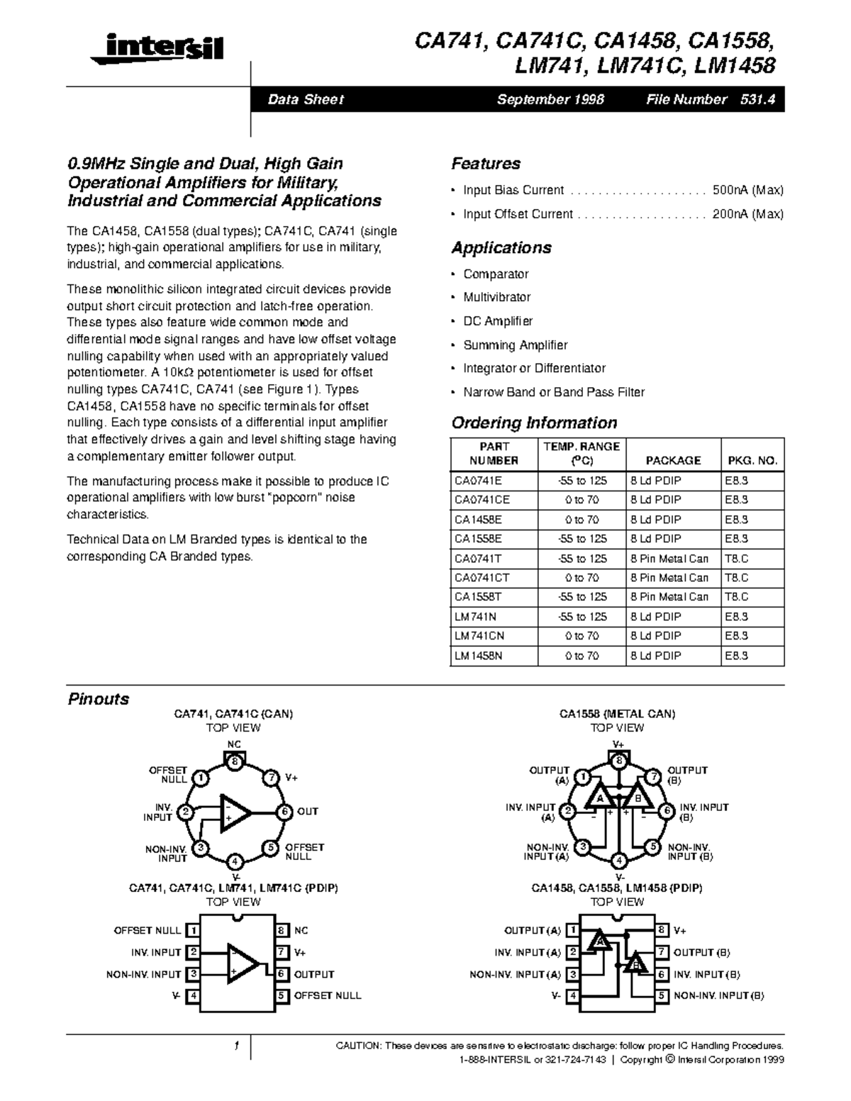 CA741 - hoja de datos lm741 - 1 CA741, CA741C, CA1458, CA1558, LM741, LM741C, LM 0 Single and ...