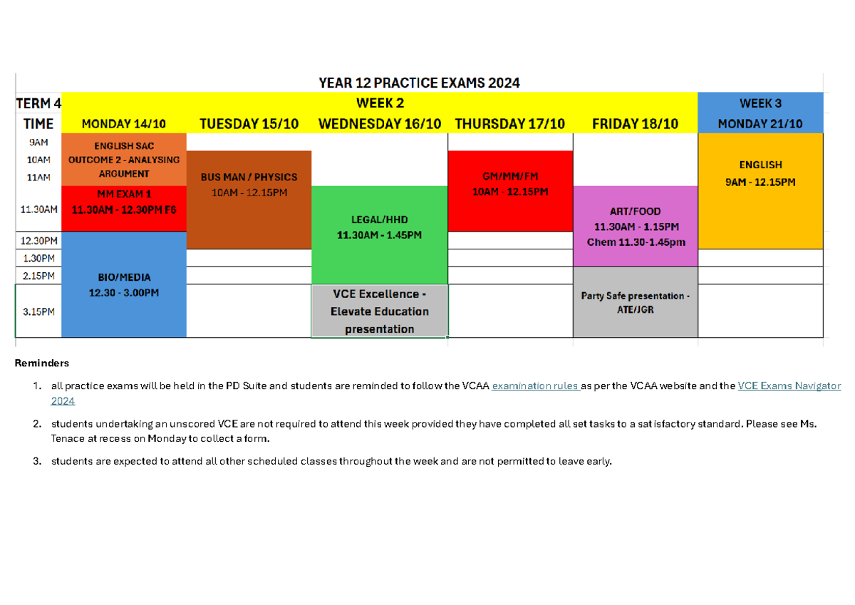 Practice exam timetable for families - Reminders 1. all practice exams ...