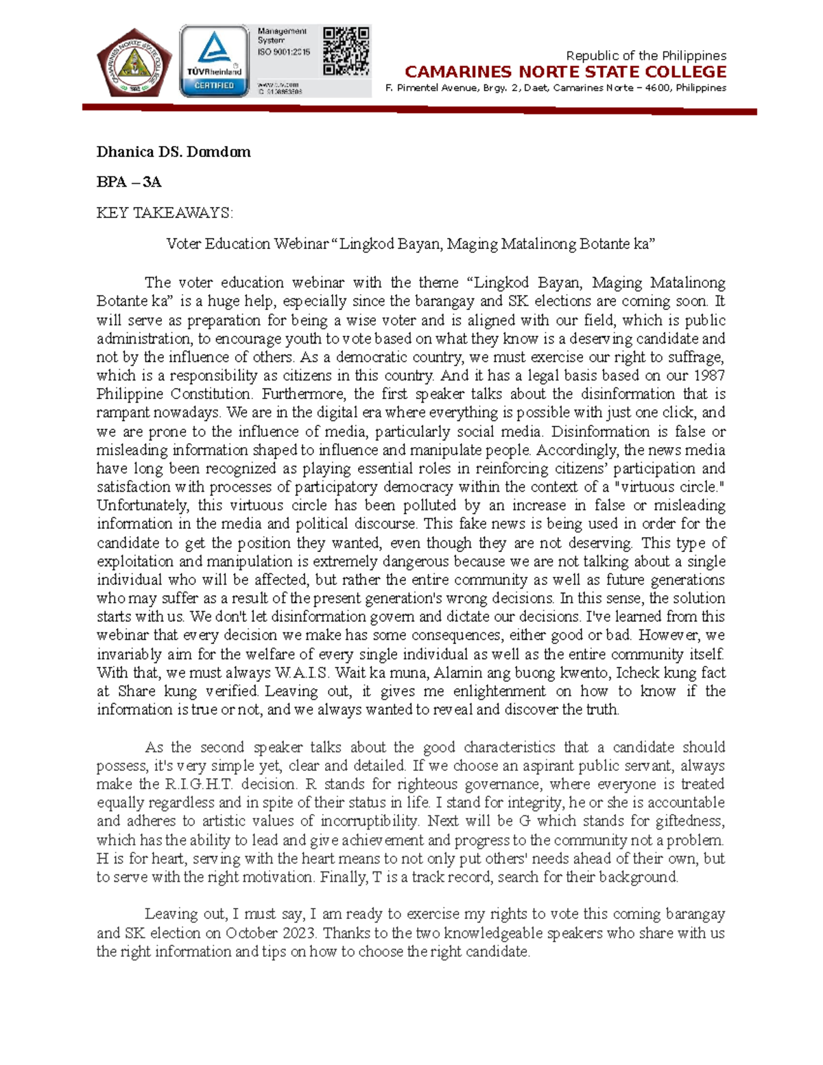 KEY Takeaways - It is a type of reaction or reflection paper - Republic ...