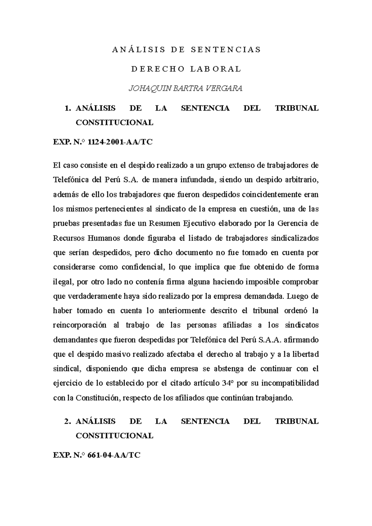 AnÁlisis DE Sentencias Derecho Laboral - DE SENTENCIAS DERECHO LABORAL ...