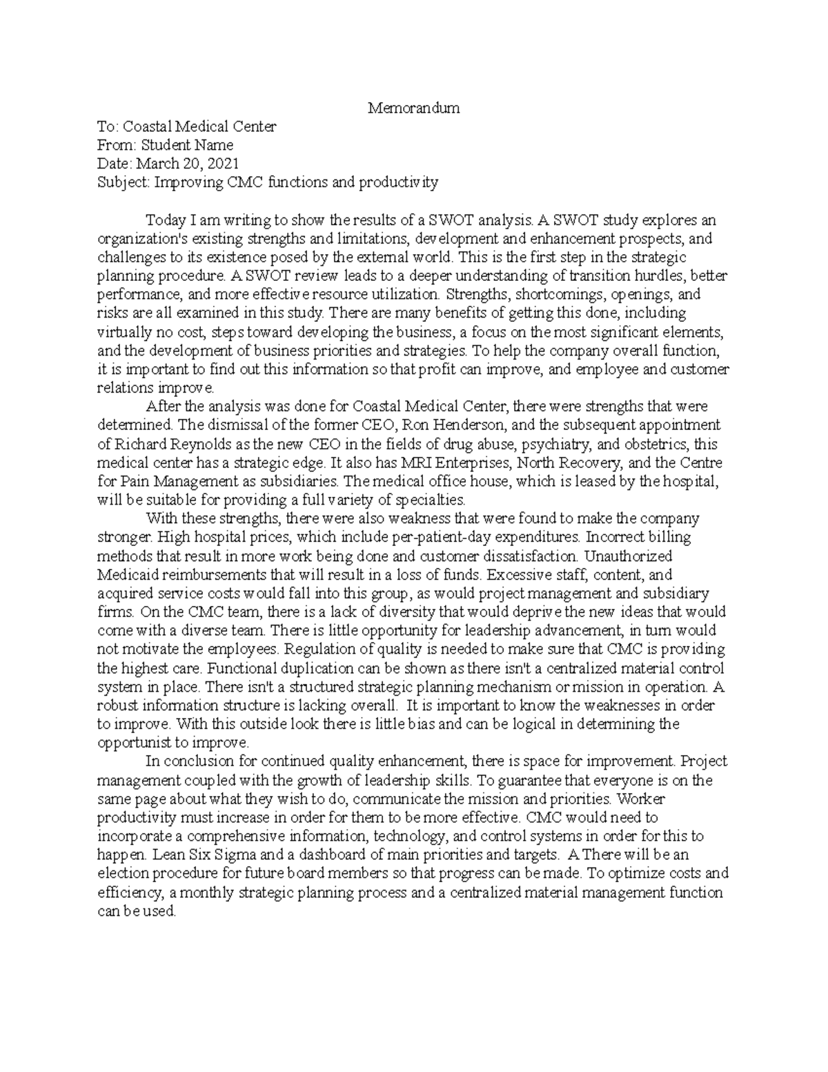 Memo - Course work paper - Memorandum To: Coastal Medical Center From ...