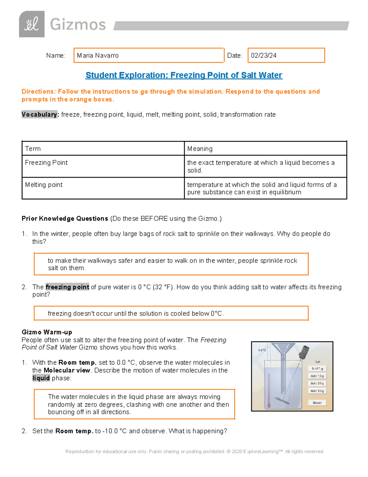 Gizmos LAB Freezing Point of Salt Water - Name: Maria Navarro Date: 02 ...