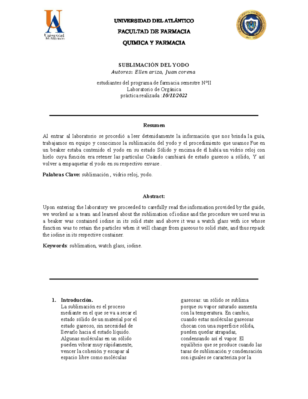 DOC-20221112-WA0091 - Informe de sublimación del yodo - FACUL TAD DE FARMACIA QUIMICA Y FARMACIA ...