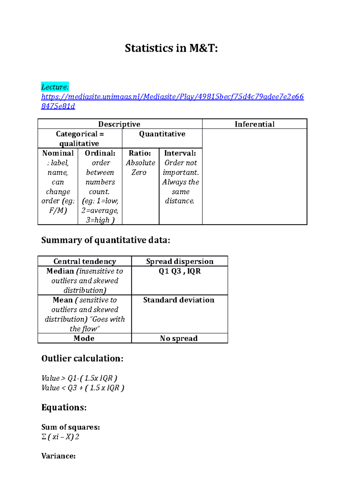 Statistics in Lecture: Descriptive Categorical Quantitative Variables Measures of Central - Studocu