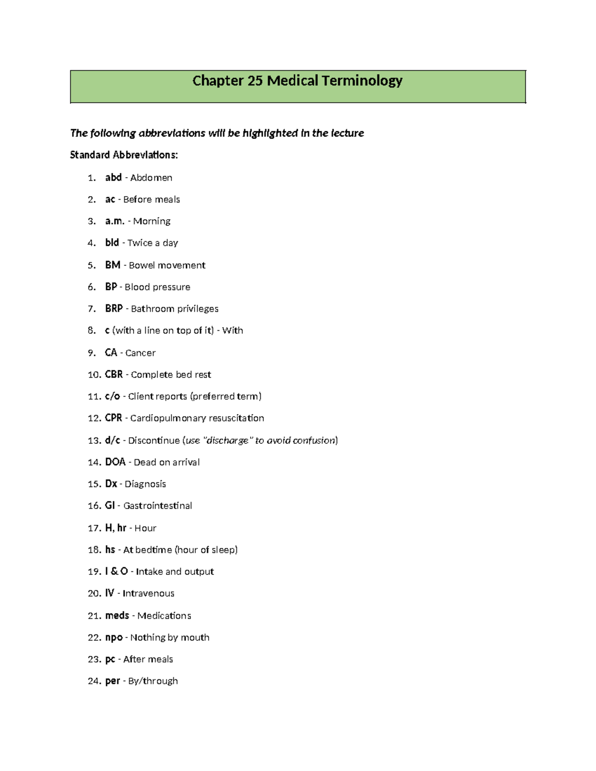 Medical Terminology Practice Activity - Chapter 251 - Chapter 25 ...