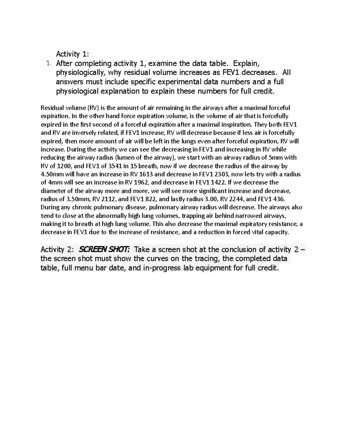 Lab #7 - lab exercise 7 respiratory system - Activity 1: 1. After ...
