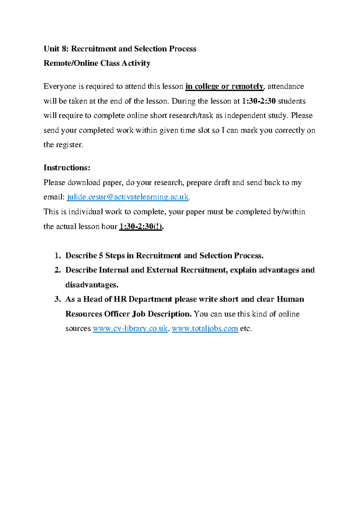 Unit8 Class Activity 01022023 - Unit 8: Recruitment and Selection ...