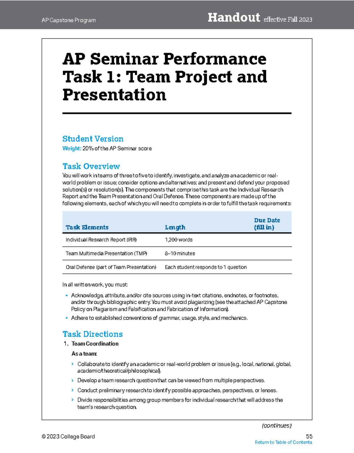 Task 1 Directions - (continues) AP Seminar Performance Task 1: Team ...
