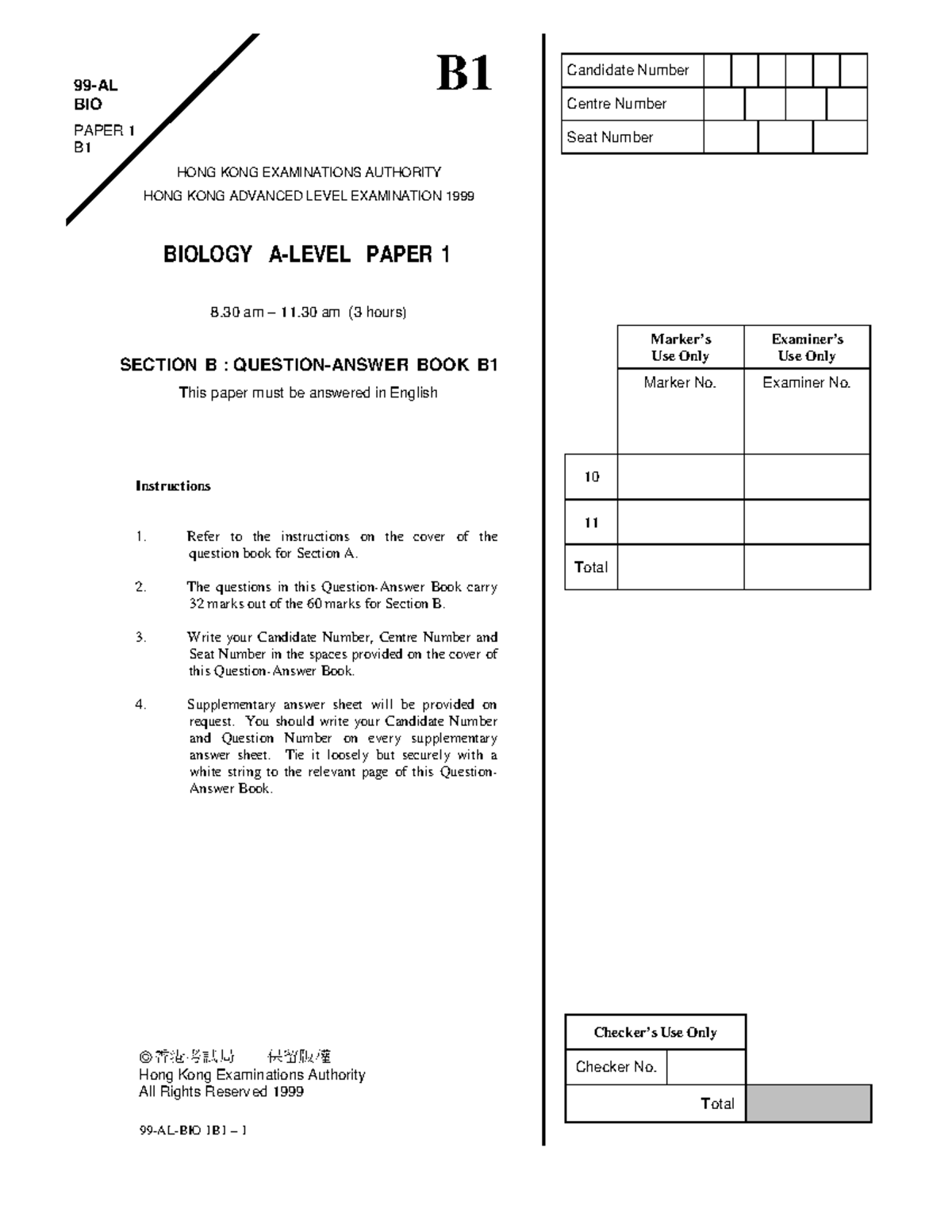 1999 Biology AL Paper 1 (B1) - Checker’s Use Only Checker No. Hong Kong ...