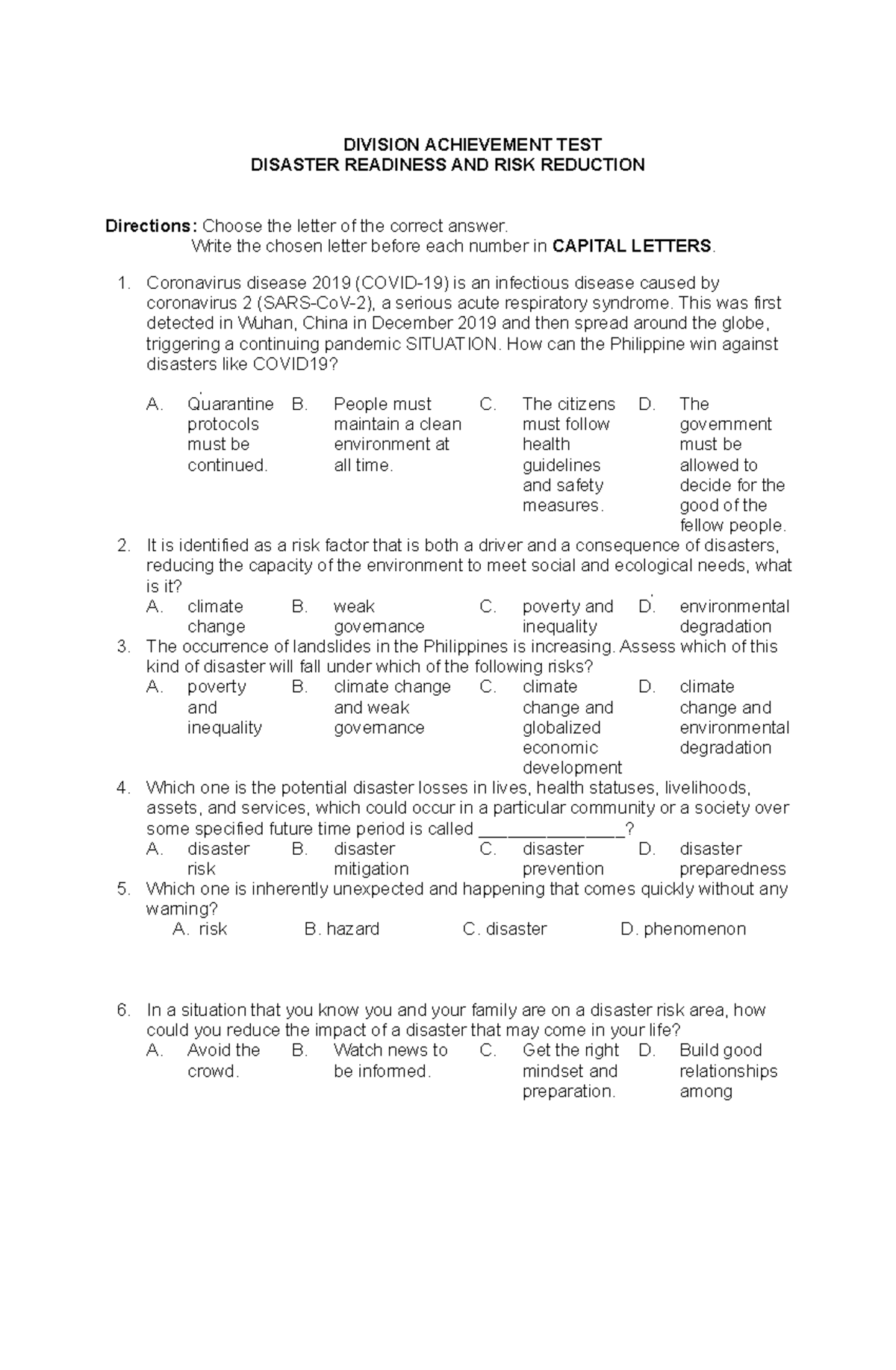 DAT DISASTER RISK REDUCTION - DIVISION ACHIEVEMENT TEST DISASTER ...