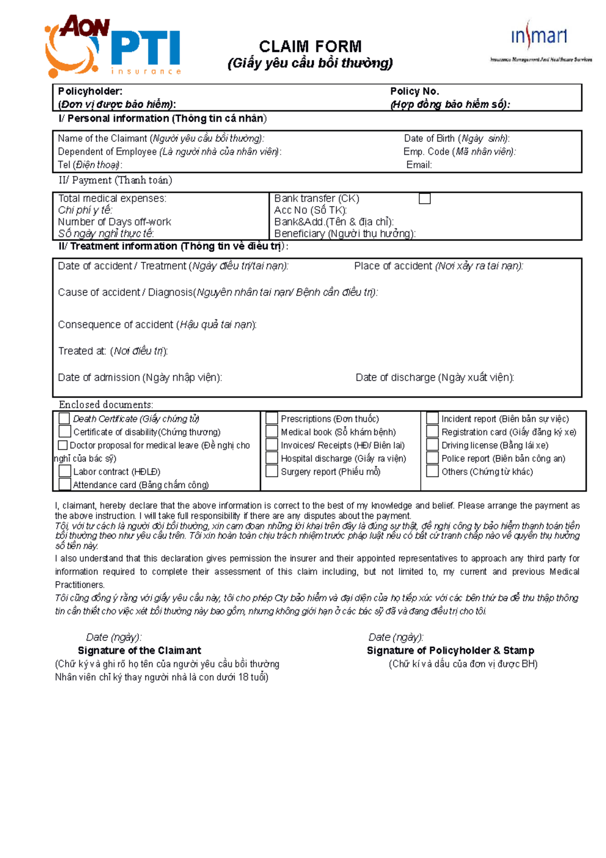 Claim FORM - PTI - ádasdas - CLAIM FORM (Giấy yêu cầu bồi thường) Policyholder: Policy No. (Đơn ...