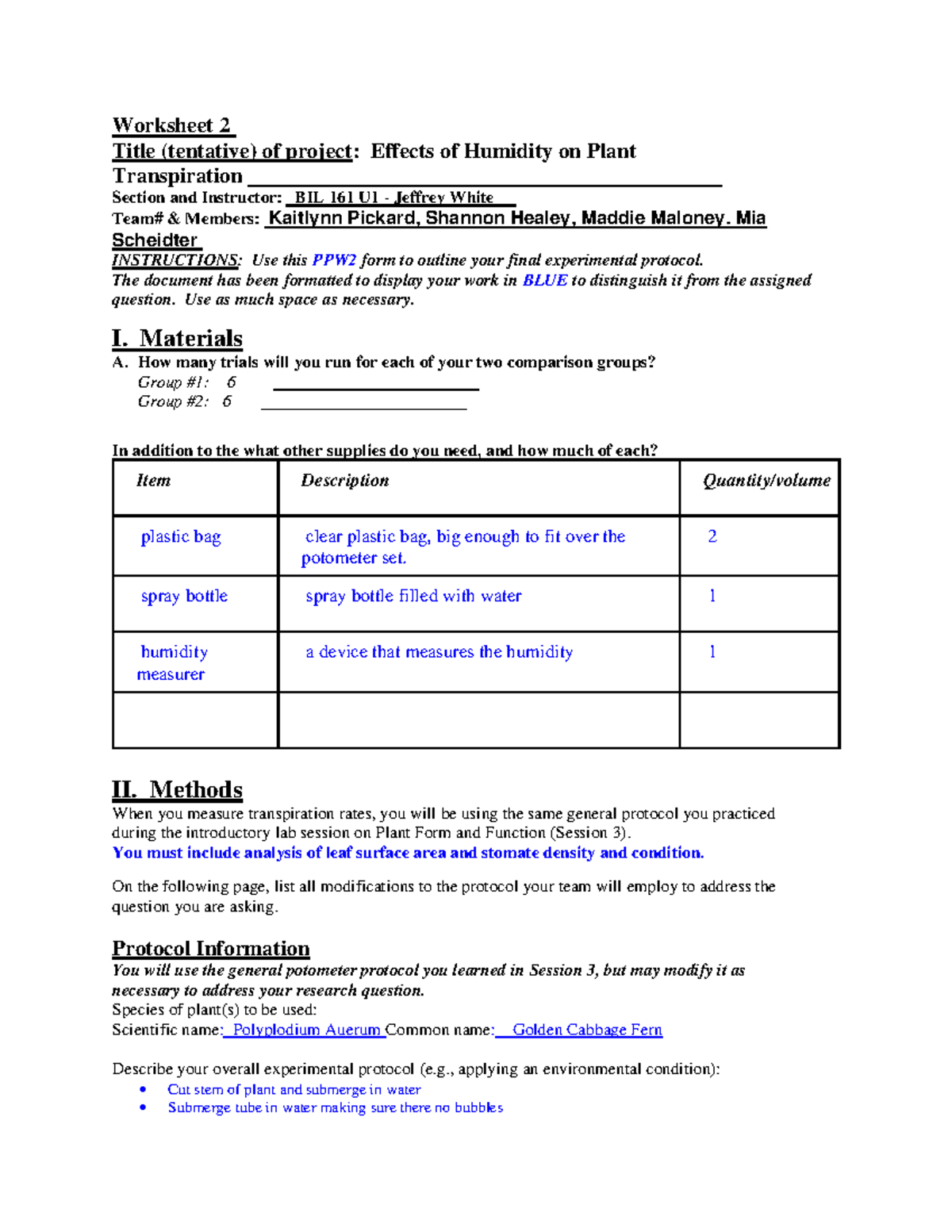 BIL 161 - Plant Project Planning 2 - Worksheet 2 Title (tentative) of ...